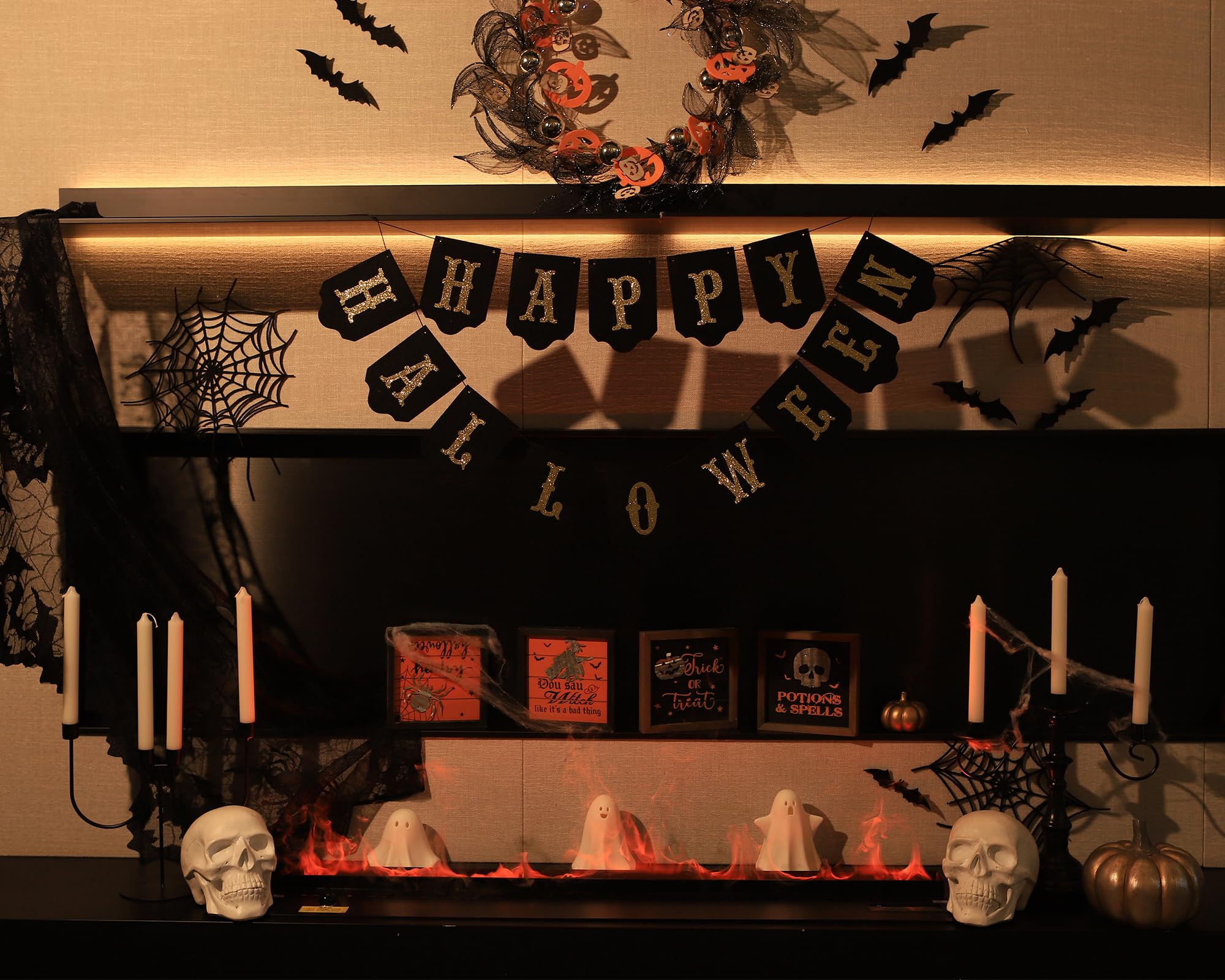 DN DECONATION Halloween Decorations Indoor Set, 24PCS Happy Halloween Banner Bundle, Halloween Garland Fireplace Mantel Decoration for Wall, Scary 3D Bat Spider Web for Spooky Party Home Office Decor