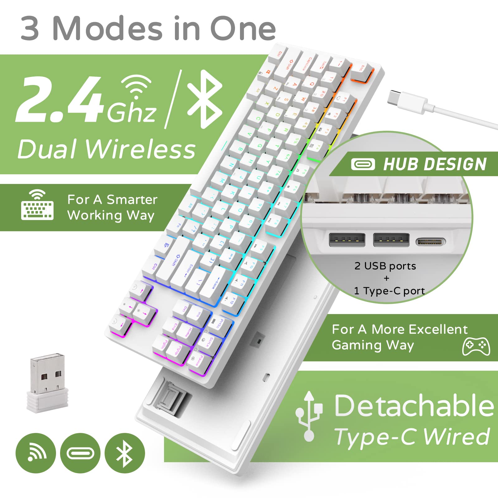 RK ROYAL KLUDGE RK87 Wireless Mechanical Keyboard, 75% TKL Hot Swappable RGB Bluetooth Gaming Keyboard Triple Mode BT5.1/2.4G/USB-C with 2 Detachable Frames, USB Hub, Silent Brown Switch, White