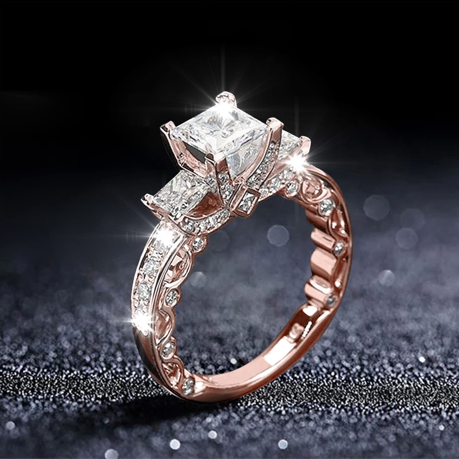 Cushion Cut Simulated Diamond Ring for Women Zircon Ring Engagement Wedding Band CZ (11), Stainless Steel,Rose Gold,White,Purple
