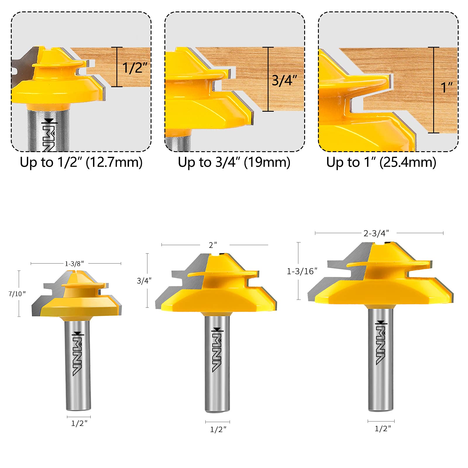MNA 45 Degree Lock Miter Router Bit 3-Piece Set, for 1/2”, 3/4”, 1” Cutting Height, 1/2 Inch Shank. Easy to Create Lock Miter Joint