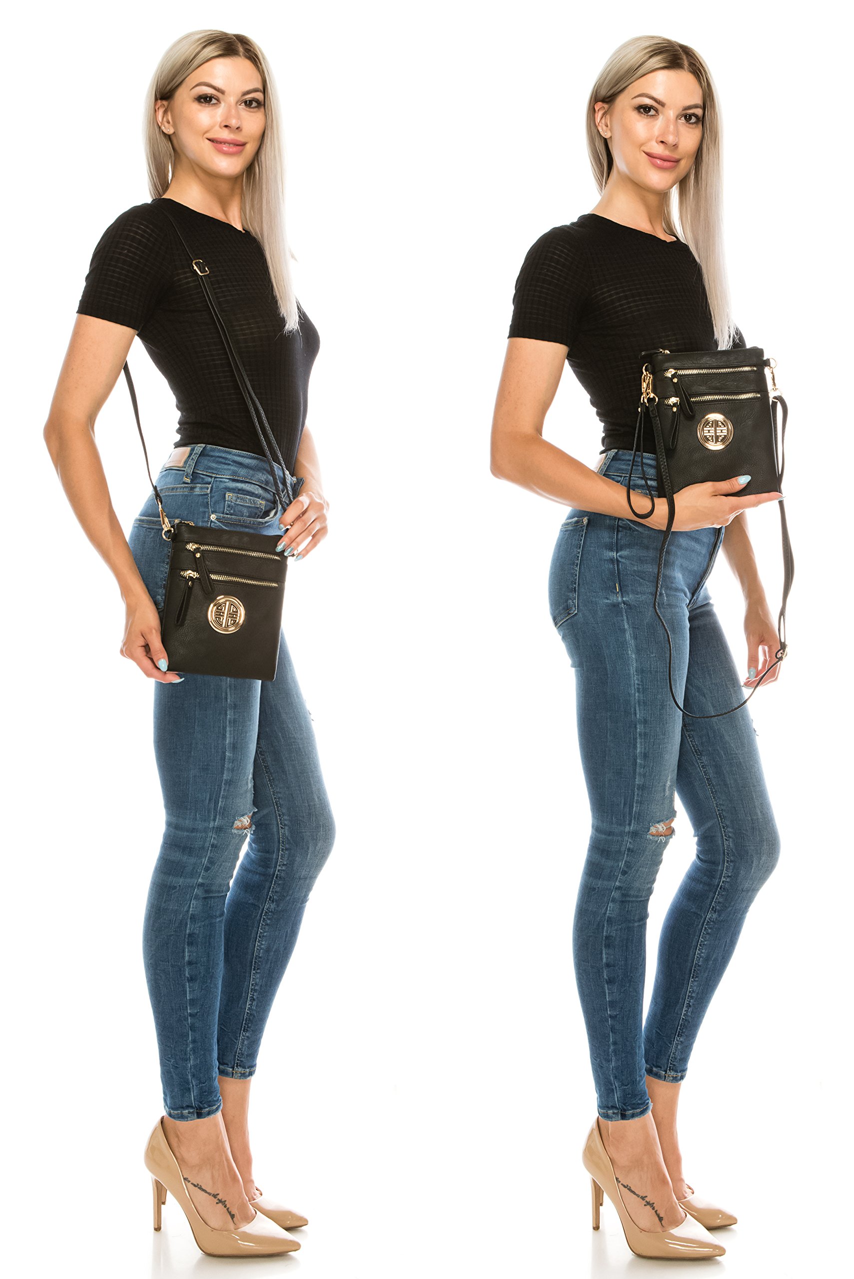 Solene Women's Faux Leather Organizer Multi Zipper Pockets With Detachable Wristlet Crossbody Bag -WU002L (Black)