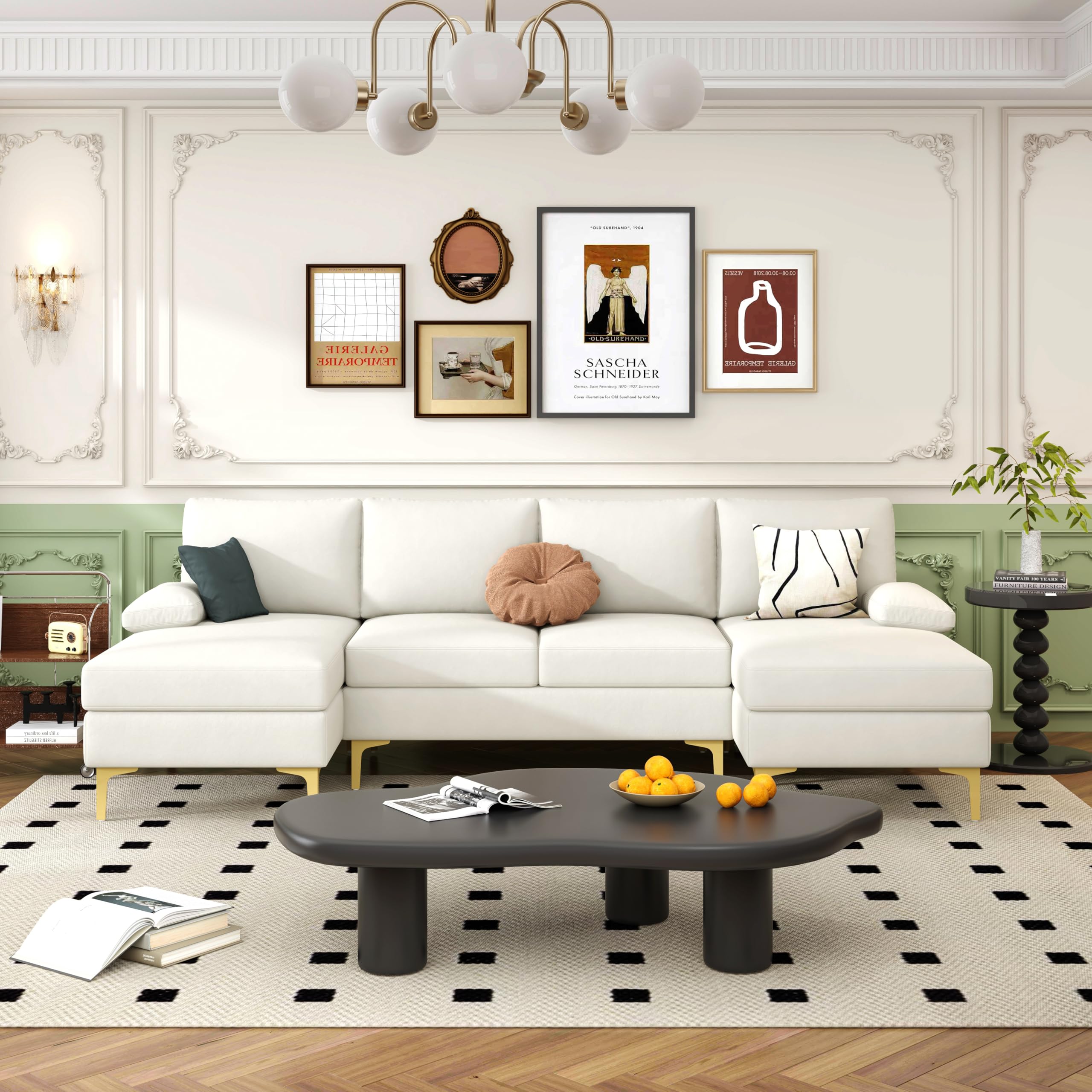 HZANHY Convertible Sectional Sofa Couch, 4 Seat Sofa Set for Living Room U-Shaped Modern Fabric Modular Sofa Sleeper with Double Chaise, Short Plush Fabric Sofa Couch (White)
