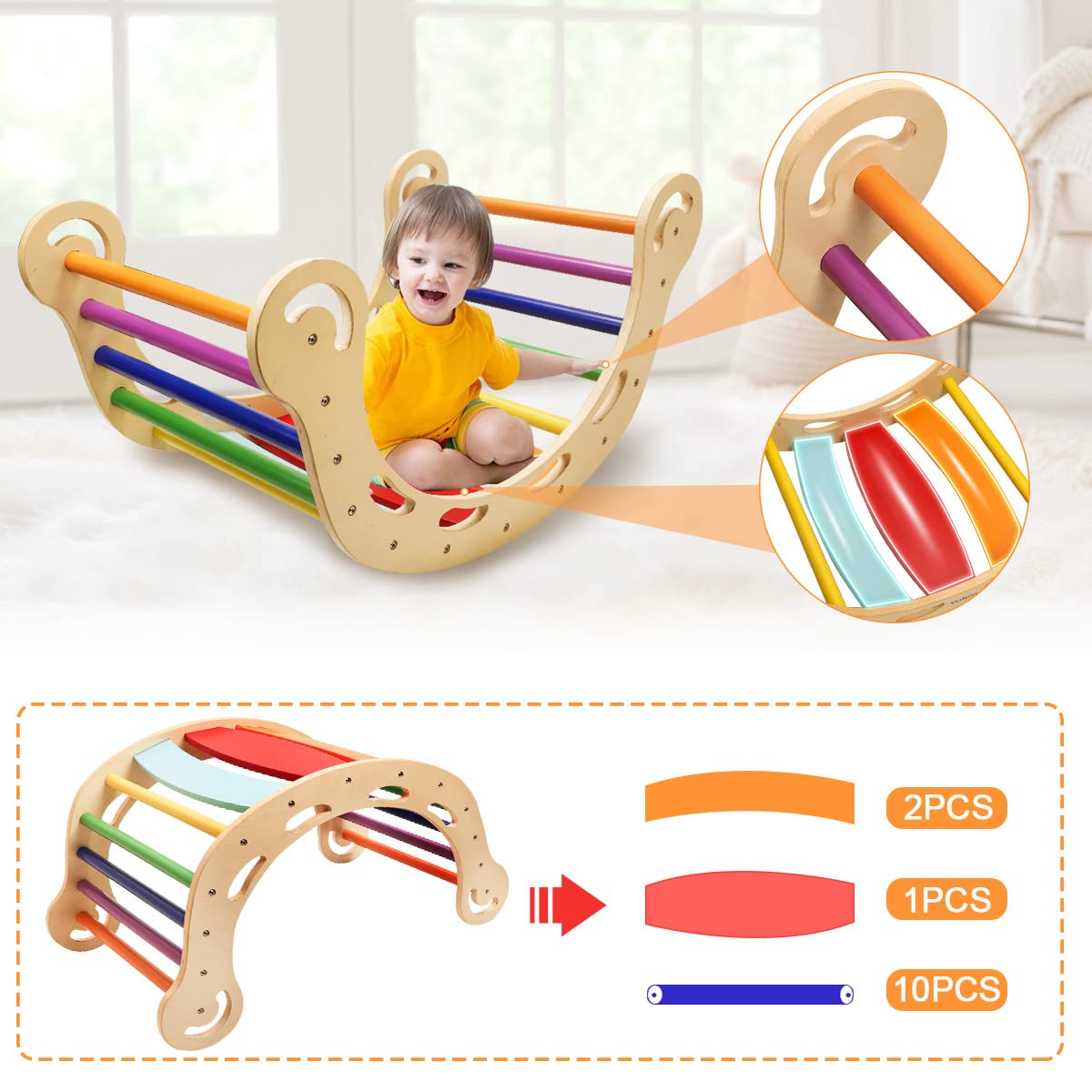 YOLEO Pikler Triangle Set, Foldable 5-in-1 Montessori Climbing Set Fun Baby Pickler-3 Piece Climbing Jungle Gym and Indoor Playground Climbing Toys for Toddlers 1-3 Inside