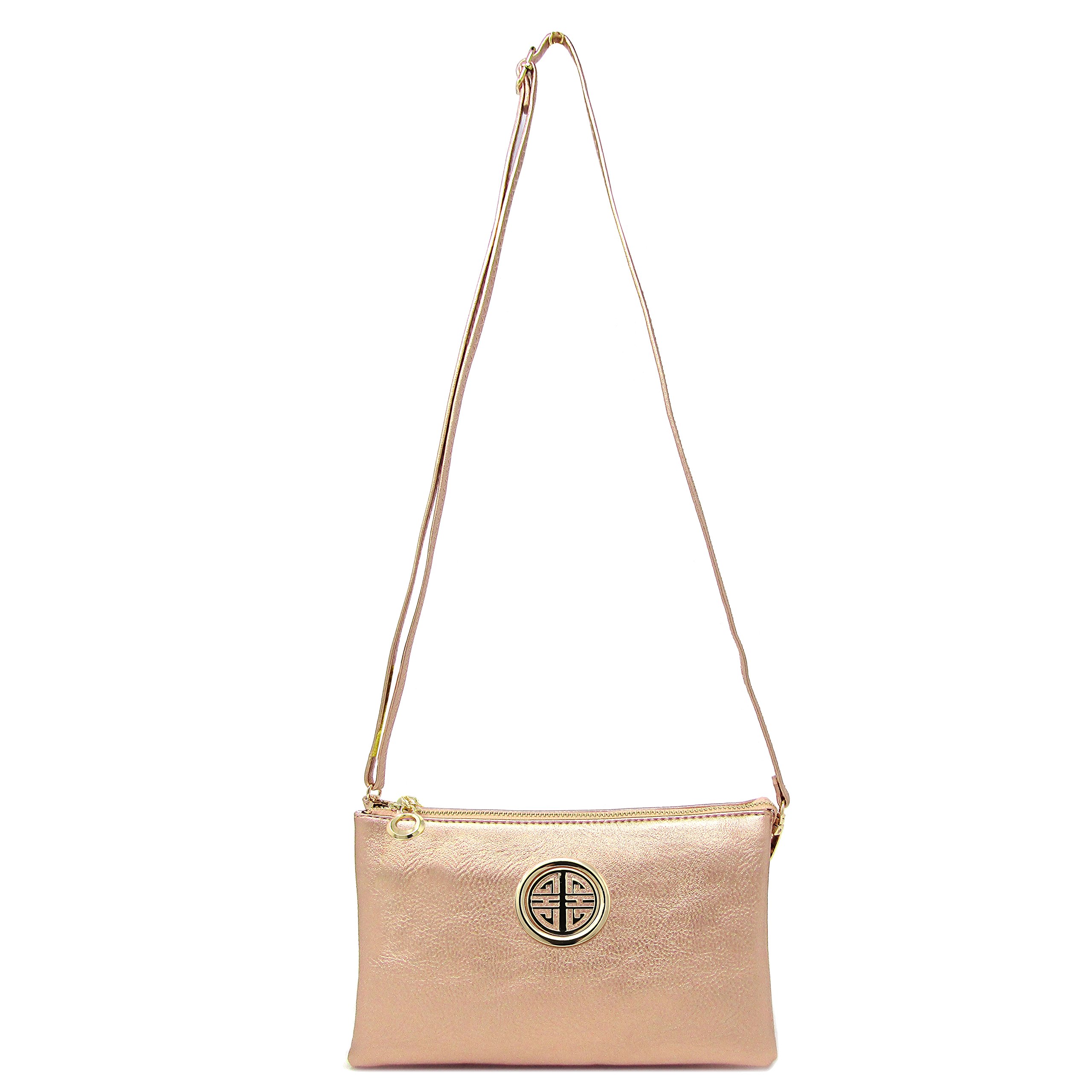 Solene Womens and Girls Multi Compartment Functional Emblem Crossbody Bag With Detachable Wristlet-WU020L(Rose Gold)