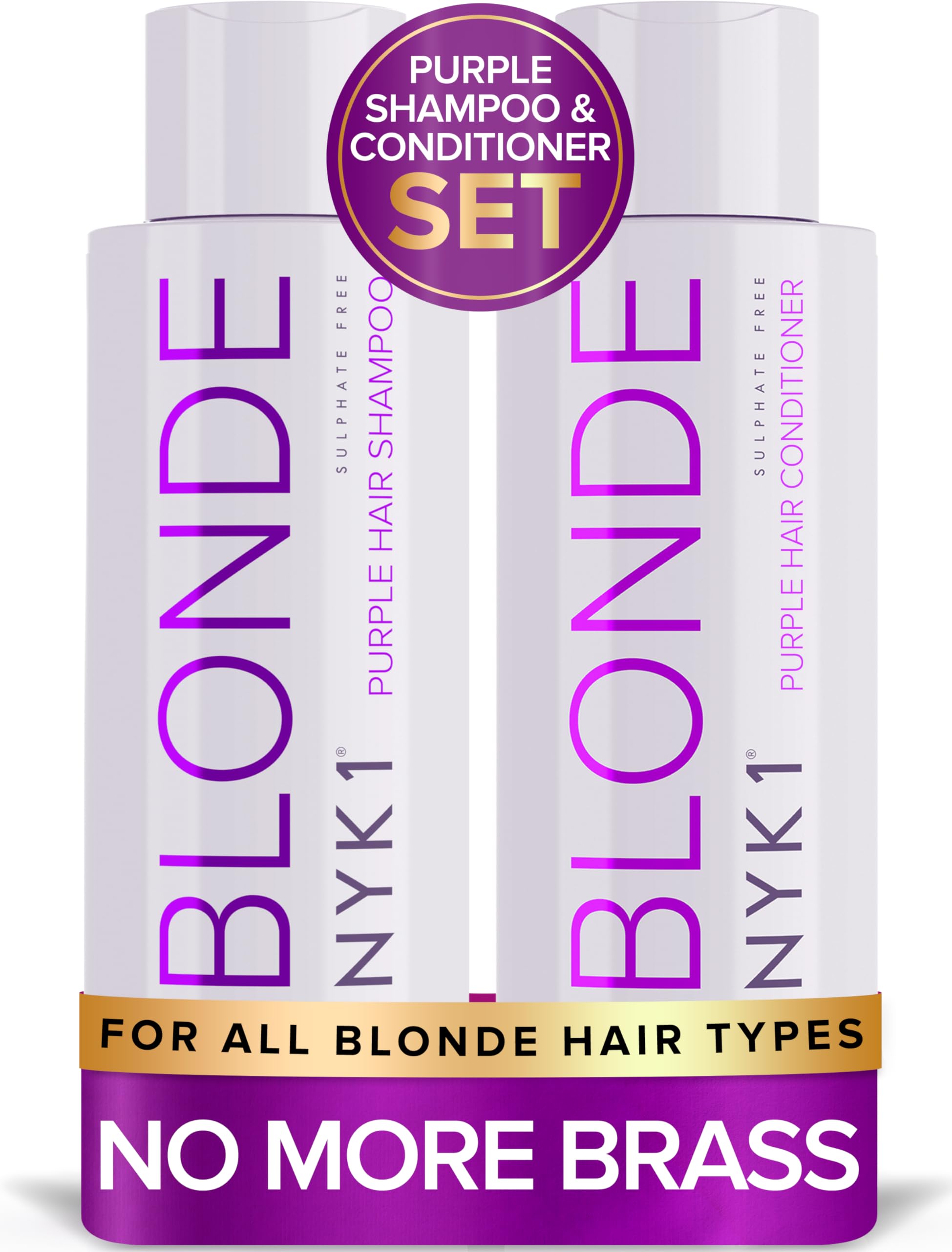 NO MORE BRASS Purple Shampoo And Conditioner Set (2 x 16.9 Fl Oz) SULFATE FREE Purple Shampoo For Blondes And Purple Conditioner - Blonde Shampoo And Conditioner Set To Eliminate Yellow Brassy Tones