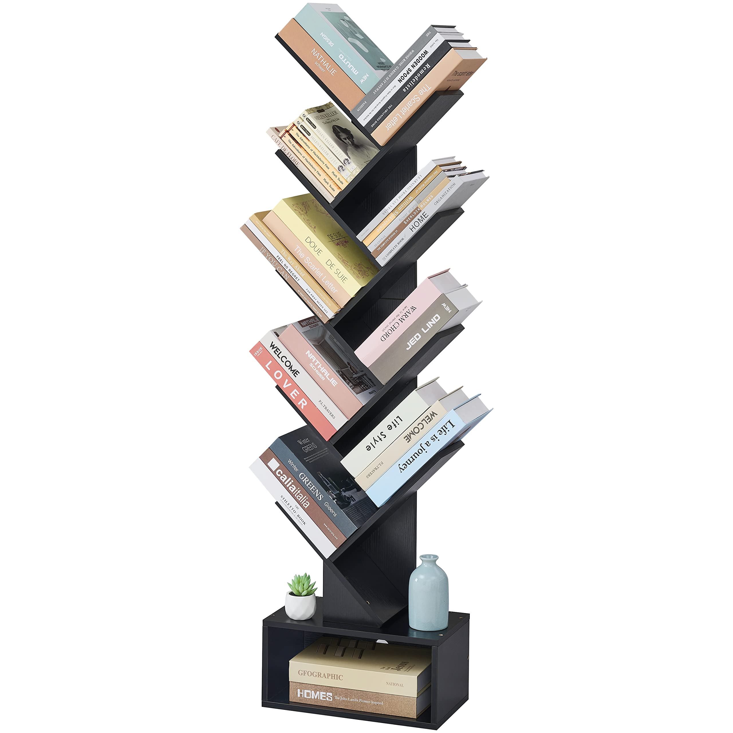 Tajsoon 9 Tier Tree Bookshelf, Tree Bookcase with Drawer, Floor Standing Book Storage Shelf, Modern Book Organizer for Bedroom, Living Room, Home Office, Black