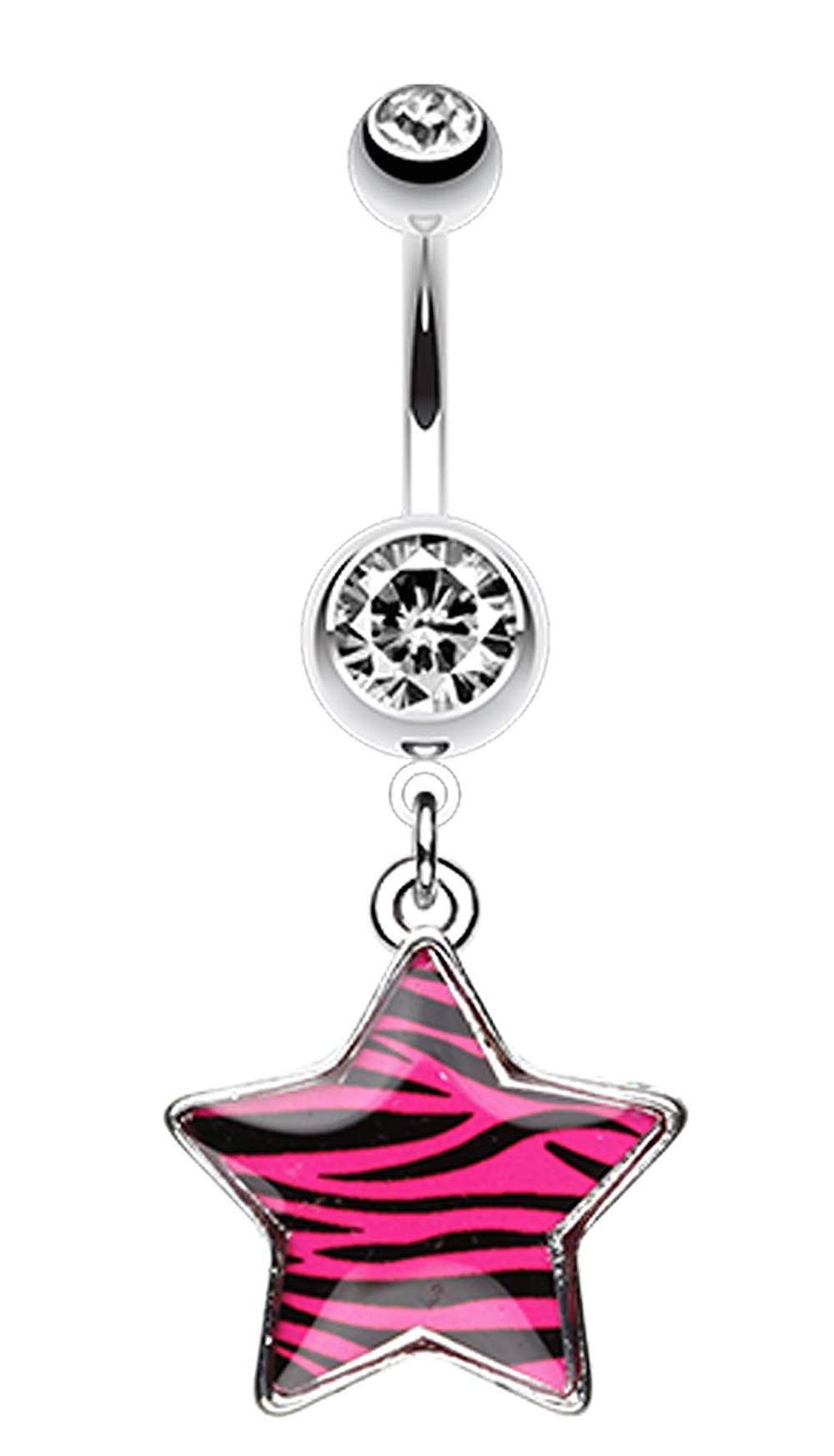 Covet Jewelry Zebra Star Dangle Belly Button Ring (14 GA, Length: 10mm, Pink)