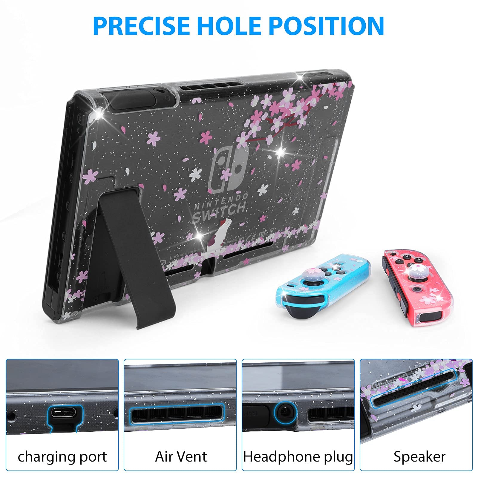 Clear Glitter Case for Switch, Cute Dockable Protective Case for Girls Women, Soft TPU Cover with Cherry Blossoms Thumb Grips Compatible with Nintendo Switch and JoyCon Controller - Pink Sakura Cat