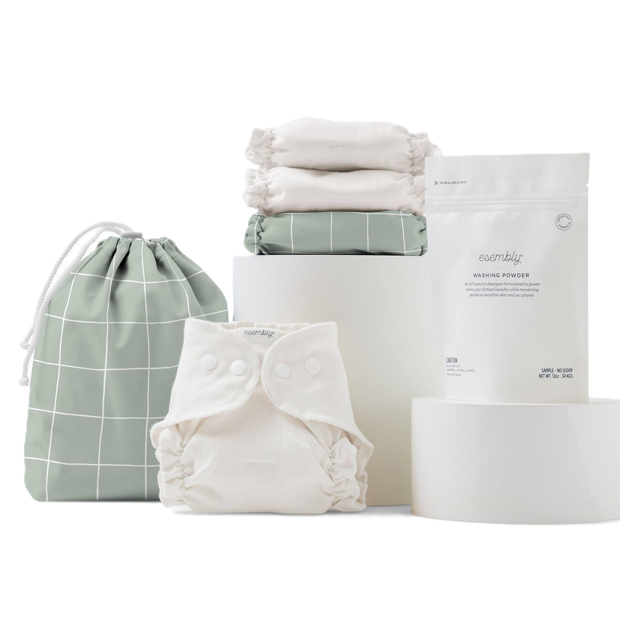 Esembly Cloth Diaper Try-It Kit, Starter Gift Set, Includes 3 Organic, Reusable Diapers Inners, 1 Stylish Outer, Patented Detergent & Wet Bag - Earth-Friendly Diapering, Sea Glass, Size 1 (7-18lbs)