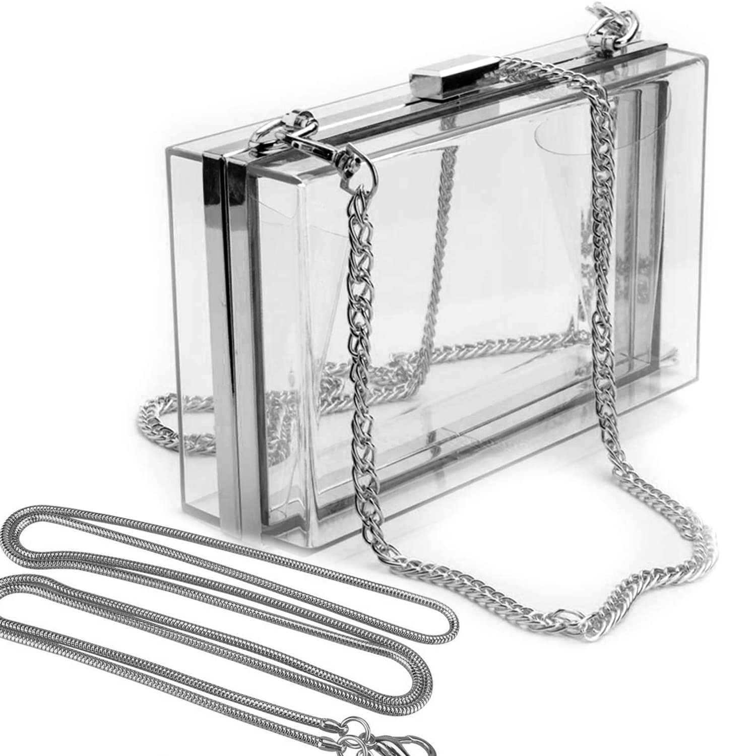 Clear Purse for Women, Acrylic Box Evening Clutch Bag, Woman Cute Transparent Shoulder Bag, Shoulder Handbag With Removable Gold Chain Strap.(silver)