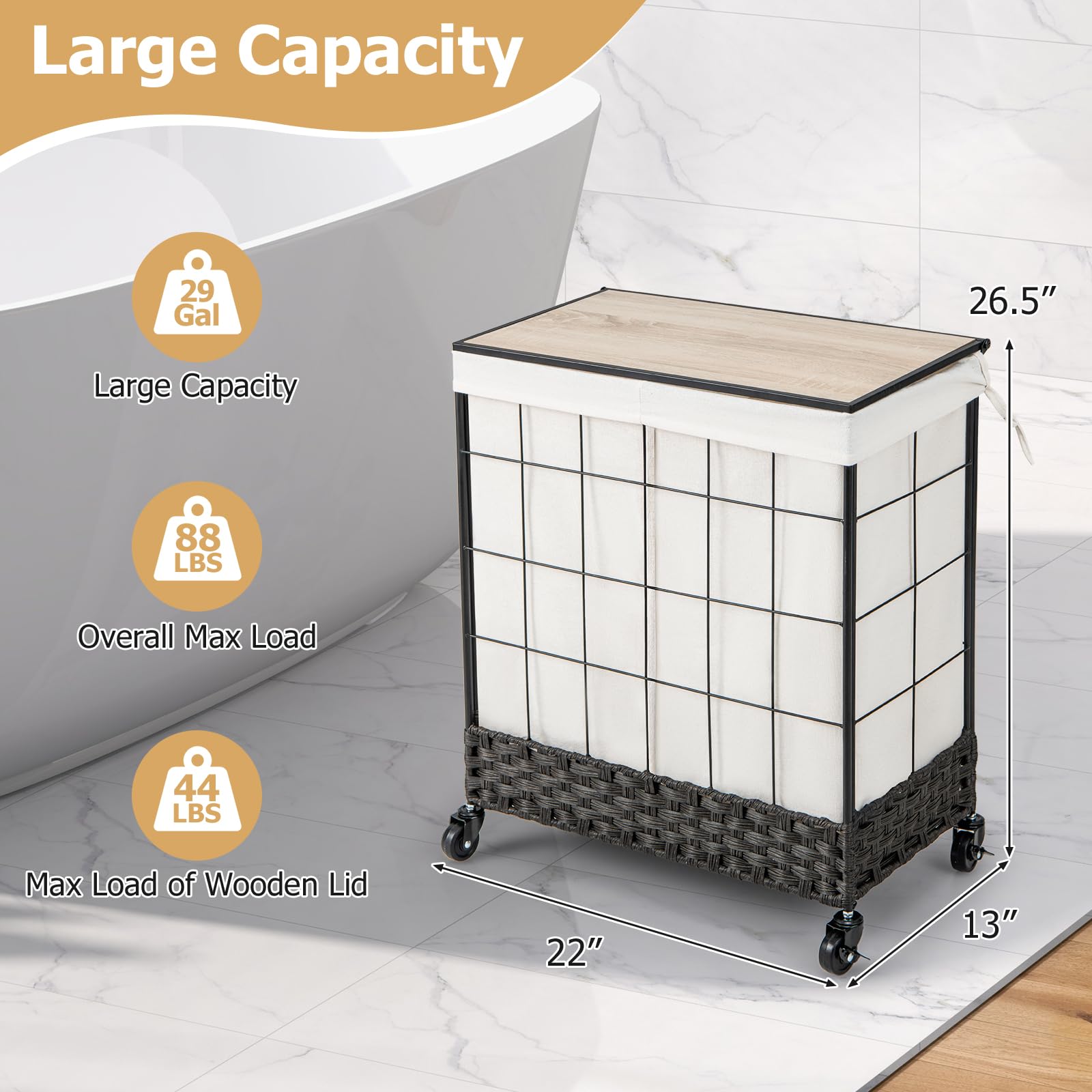 Giantex Laundry Hamper with Wheels and Lid, 110L Heavy Duty Laundry Sorter with Removable Liner Bag & Wood Lid, 2-Section Divided Metal Laundry Basket, Handwoven Rattan Rolling Laundry Basket (Black)