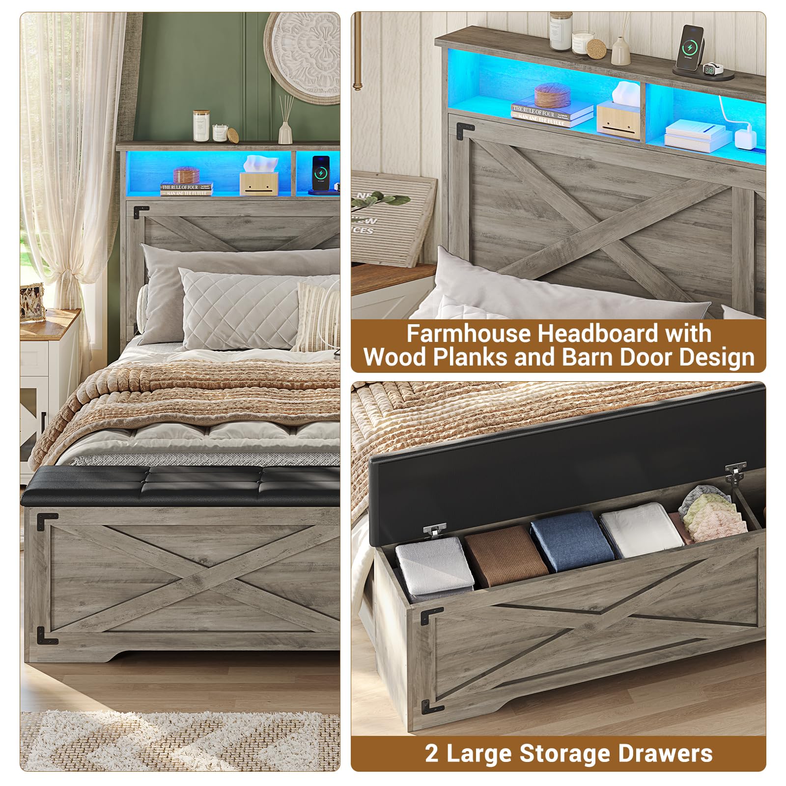 Hasuit Queen Size Bed Frame with Storage Ottoman, Farmhouse Bed Frame with Charging Station and Led Light, Headboard with Storage Rack, Metal Slats, No Noise Design, No Box Spring Needed,Oak Grey