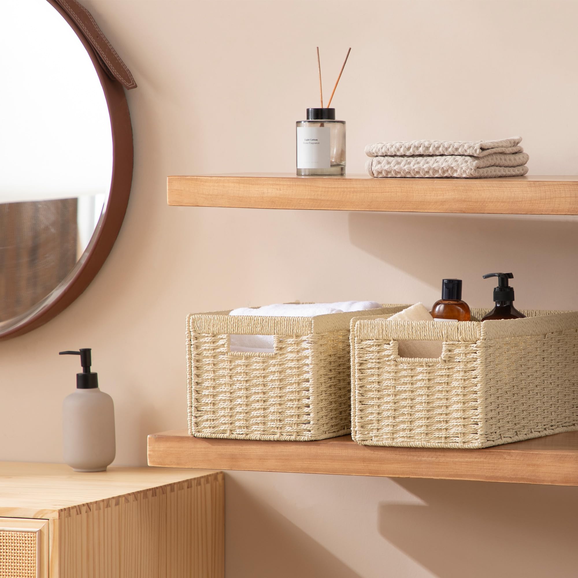 joybest Wicker Storage Baskets, Rectangular Storage Baskets with Built-in Handles, Paper Rope Baskets for Shelves Living Room Indoor Home Organizing