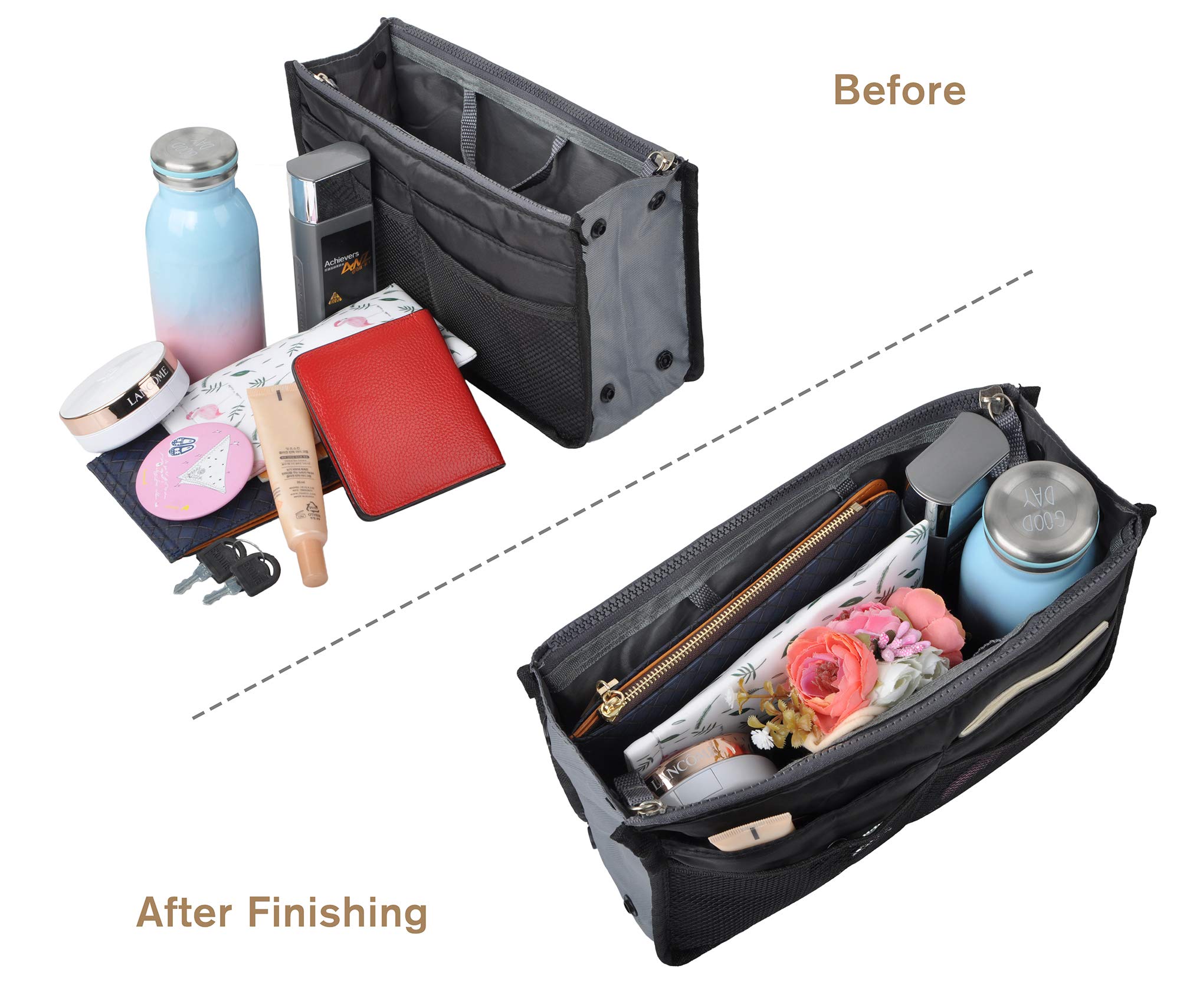 Vercord Purse Organizer Insert for Handbags Bag Organizers Inside Tote Pocketbook Women Nurse Nylon 13 Pockets Black Medium