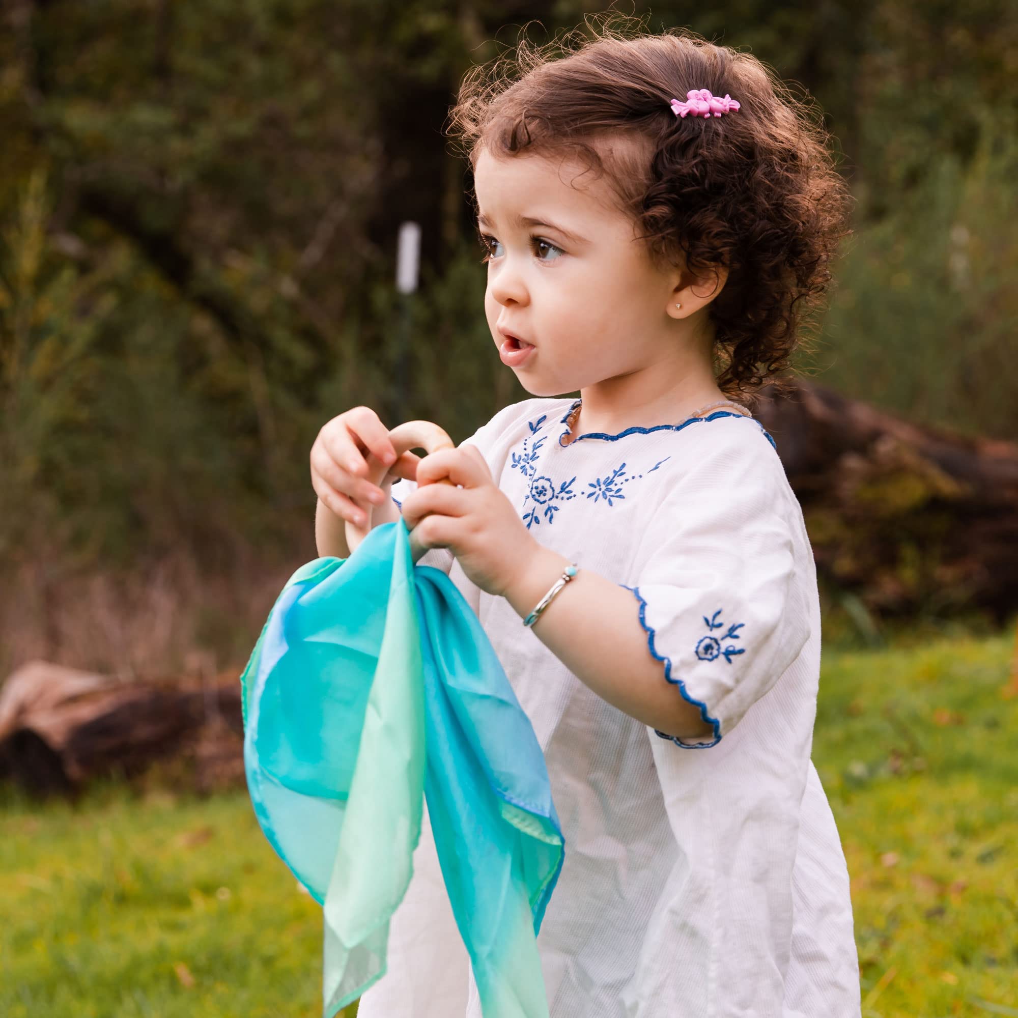 Sarah's Silks Silk and Wood Baby Teether Toy for Babies 3 Months and Older - Sea