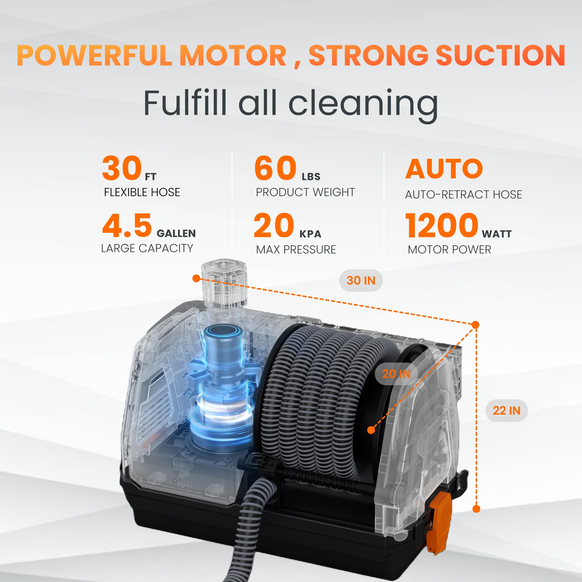 Giraffe Tools Wall-Mounted Vacuum Cleaner with 30 FT Retractable Hose, Wet Dry Vacuum Cleaner with 6 Nozzles for Car Detailing Remote Control, Grey