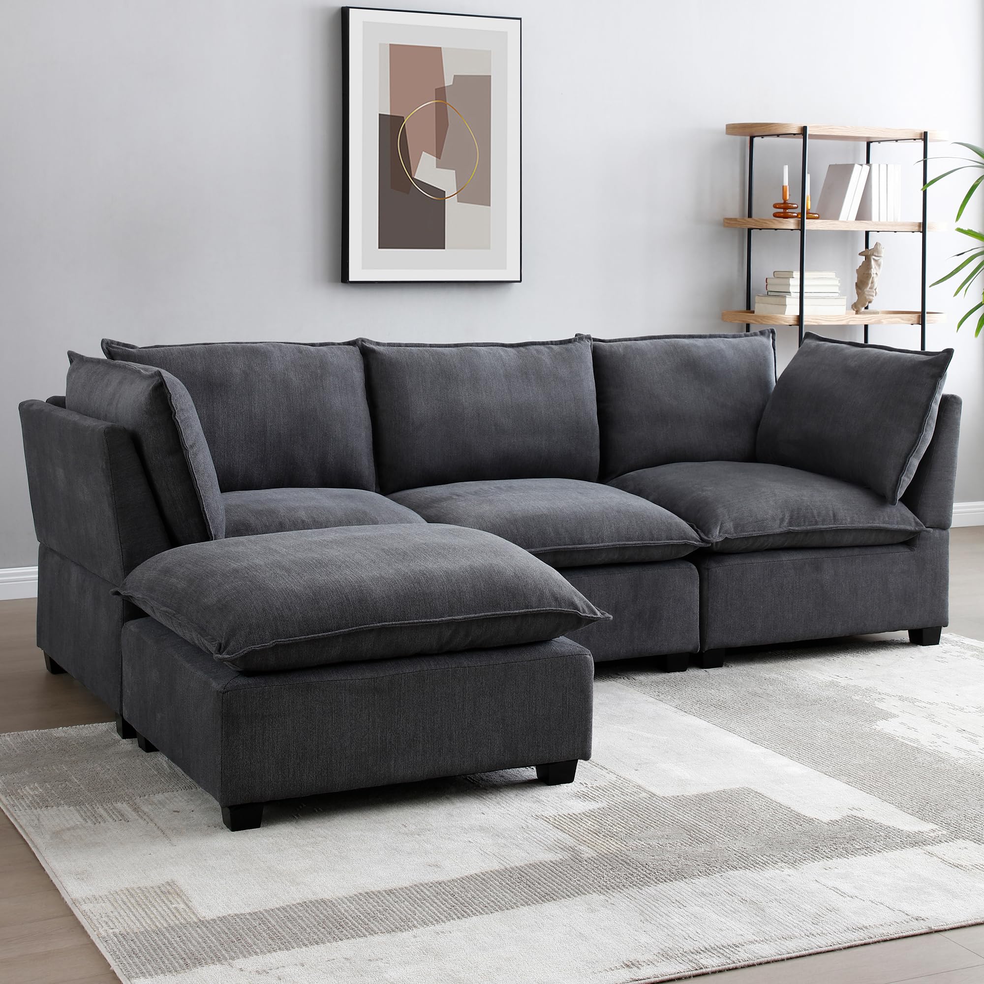 GNIXUU Cloud Modular Sectional Sofa, Convertible Large L-Shape Feather Filled Comfort Sectional Sofa with Ottoman, Linen Deep 4 Seat Couches for Living Room. Washable Cover, Gray