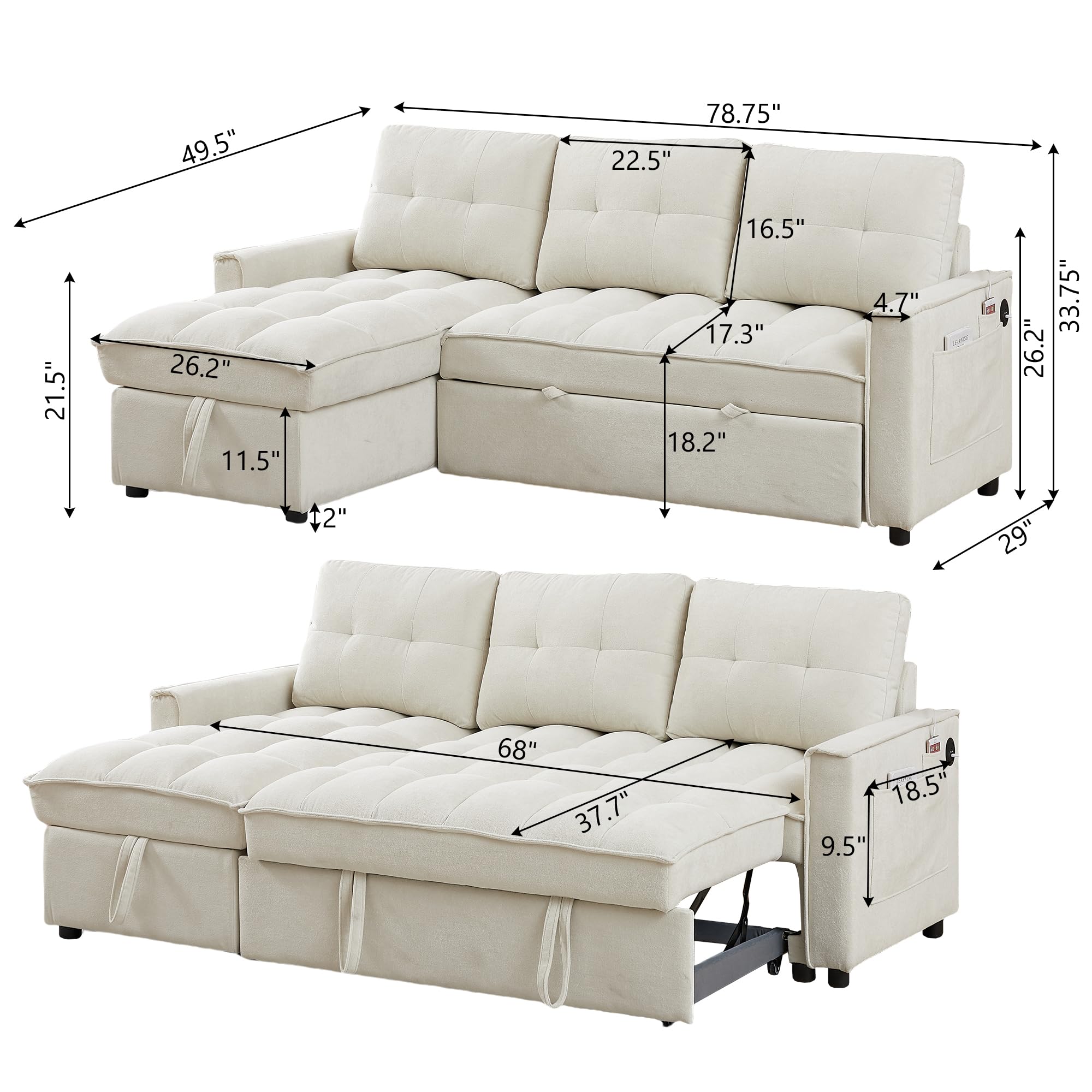 GNIXUU Sleeper Sofa Bed, 78.7" Pull-Out Couch Bed with USB and Tape-C Ports, Tufted L Shape Convertible Sectional Sofa with Storage Chaise for Living Room, Apartment, Small Spaces, Office, Beige