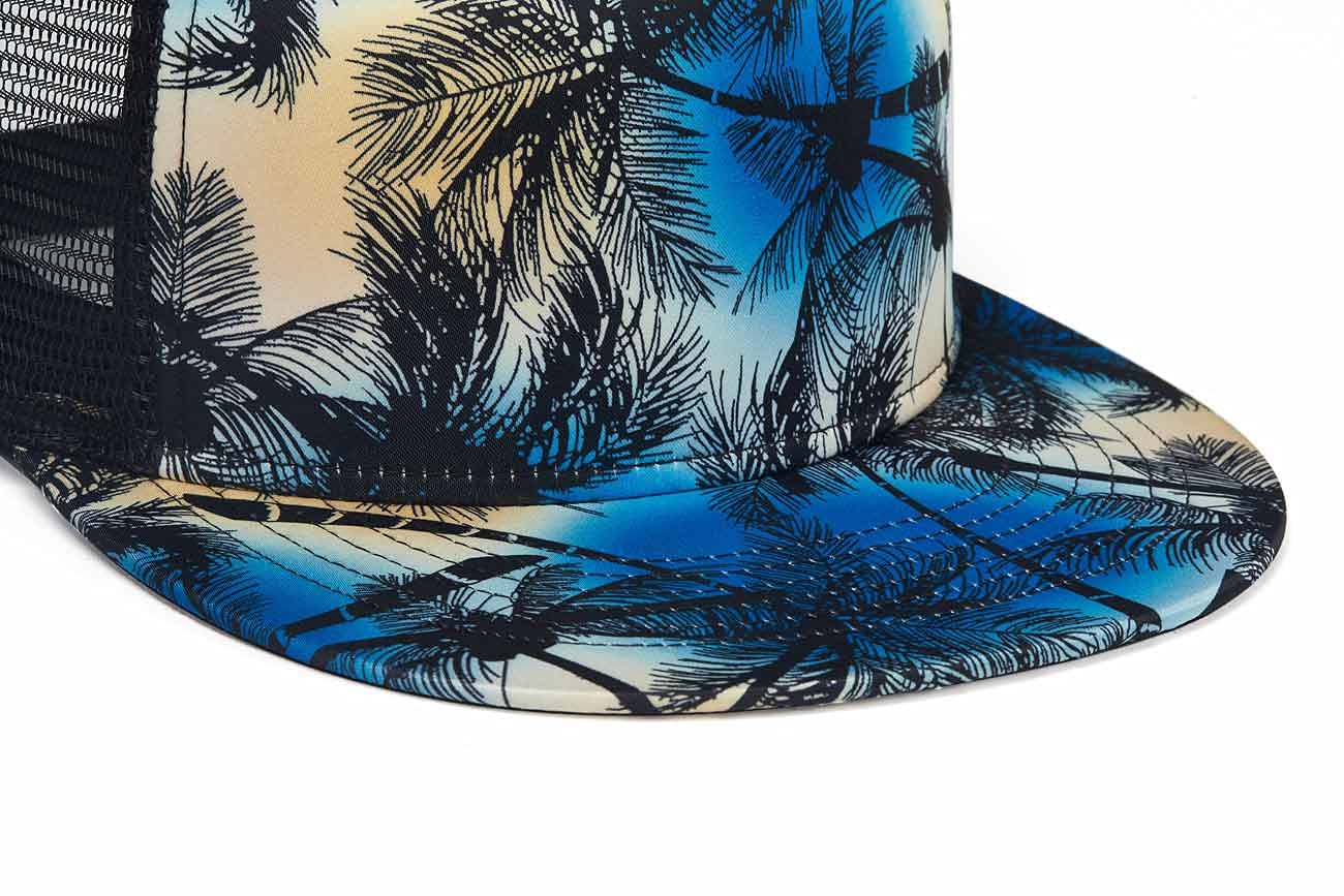 CLOTIME Graphic Trucker Hat Unisex Mesh Trucker Hat The Palm Coco Tree Cap Flat Bill Snapback Hats for Men Women, Blue, One Size