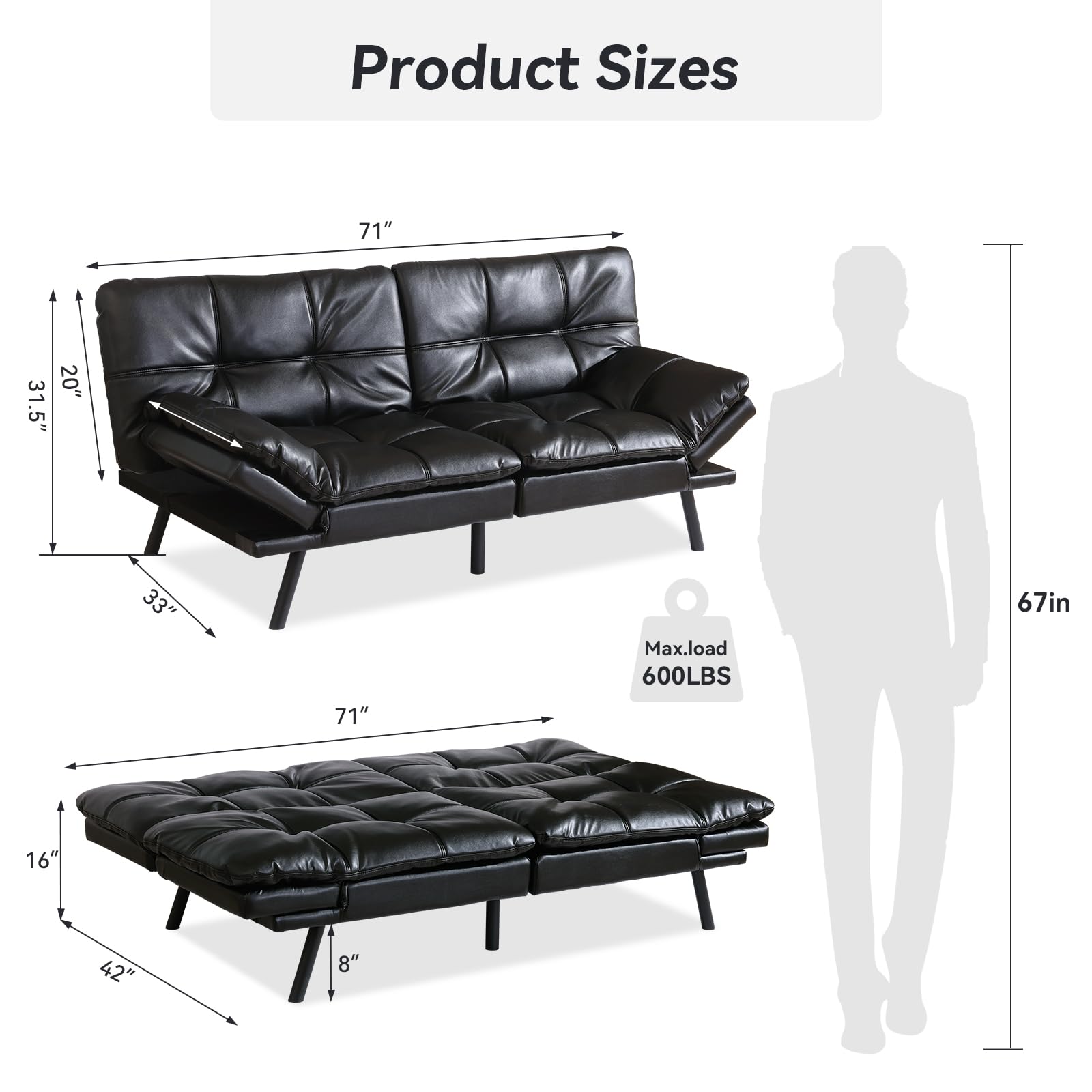 Hcore Convertible Faux Leather Futon Sofa Bed Couch,Memory Foam Futon Sofa Couch,Loveseat Sleeper Sofa Bed,Small Splitback Modern Sofa Bed for Living Room,Office,Apartment,Bright Black