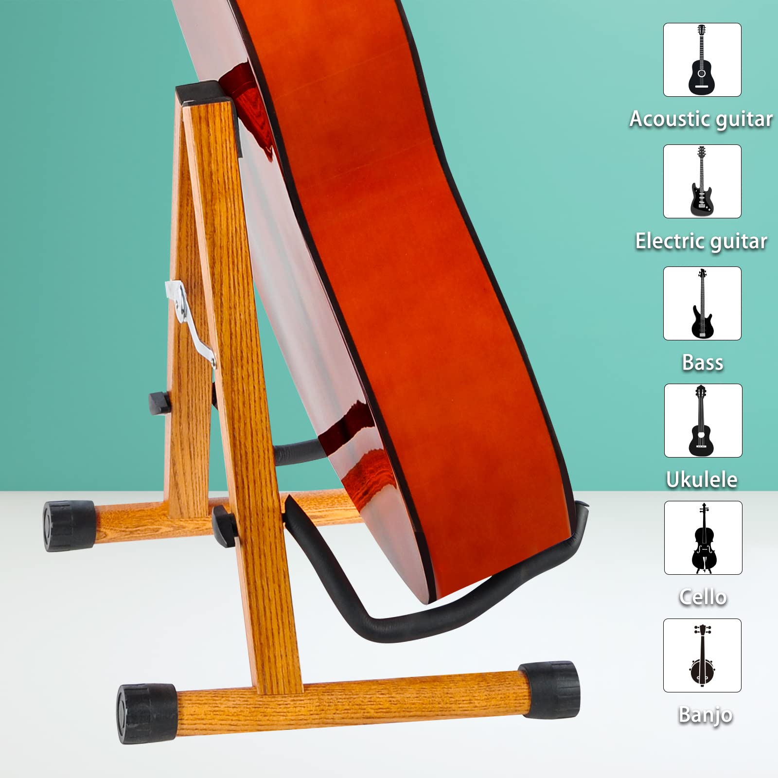 VANPHY Adjustable Beech Wood Guitar Stand Folding Electric Acoustic Guitar Stand Floor Bass Stand Wooden with Padded Classical bass Stand A-Frame Ukulele
