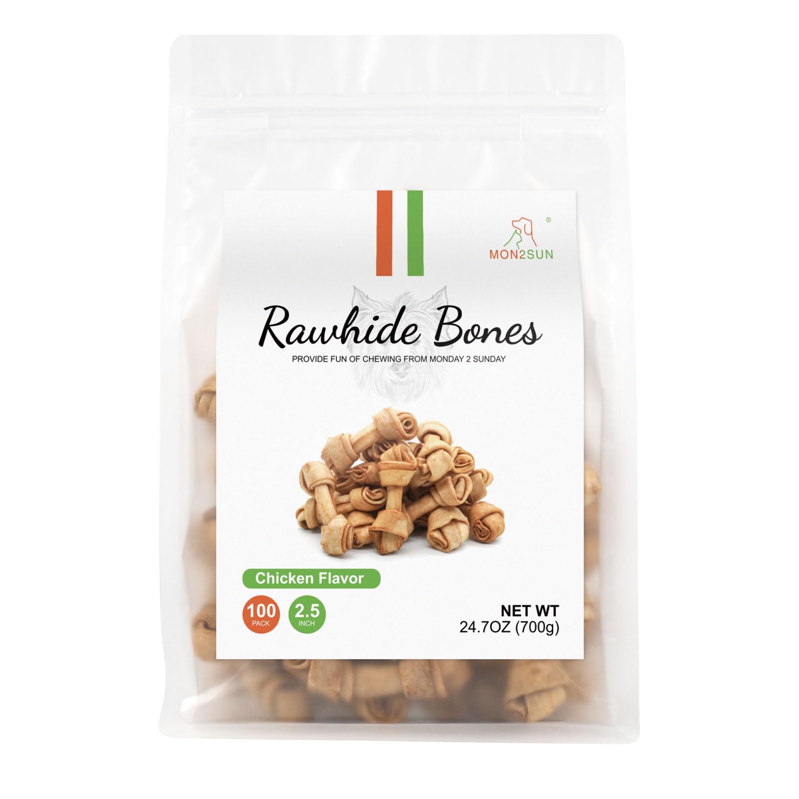MON2SUN Dog Rawhide Knot Bones Small Rawhide Bones Mini Dog Chews Chicken Flavour 2.5 Inch 100 Count for Puppy and Small Dogs