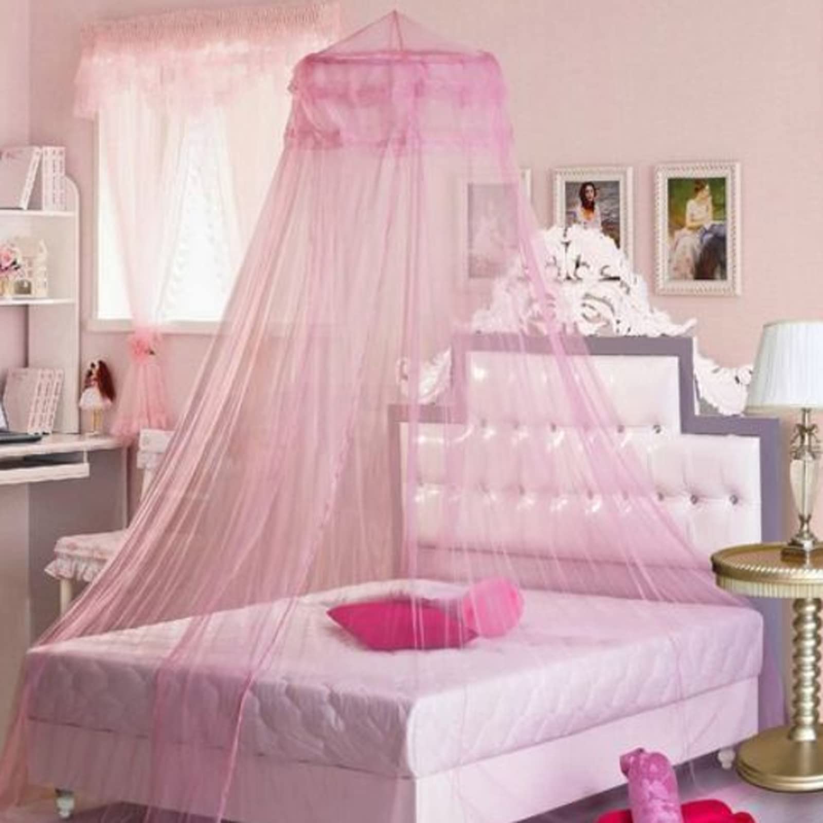 NOVESIXT Mosquito Net Bed Canopy for Girls, Round Dome Dreamy Mosquito Net, for Single Bed, Double Bed and Large Double Bed (Pink)