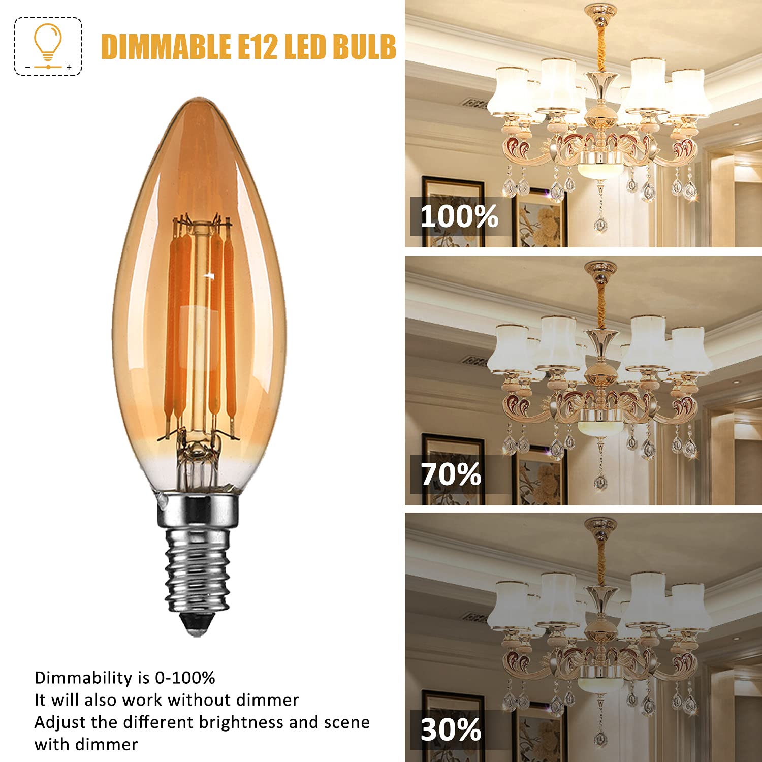 CloudMi Dimmable E12 LED Filament Candelabra Light Amber Bulbs 60W Equivalent, Ceiling Fan Light Bulbs Warm White 2200K, B11 E12 Small Base LED Candle Bulbs, 420LM, 6 Pack