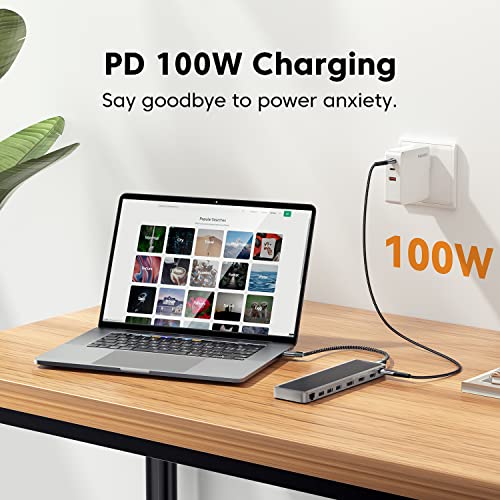 𝐄𝐒𝐒𝐀𝐆𝐄𝐑 USB C Hub, 12 in 1 USB-C Laptop Docking Station, Triple Display Type C Adapter Compatible for MacBook and Windows USB C Labtop(2HDMI DP PD3.0 SD TF Reader Ethernet 4USB 3.5mm Ports)
