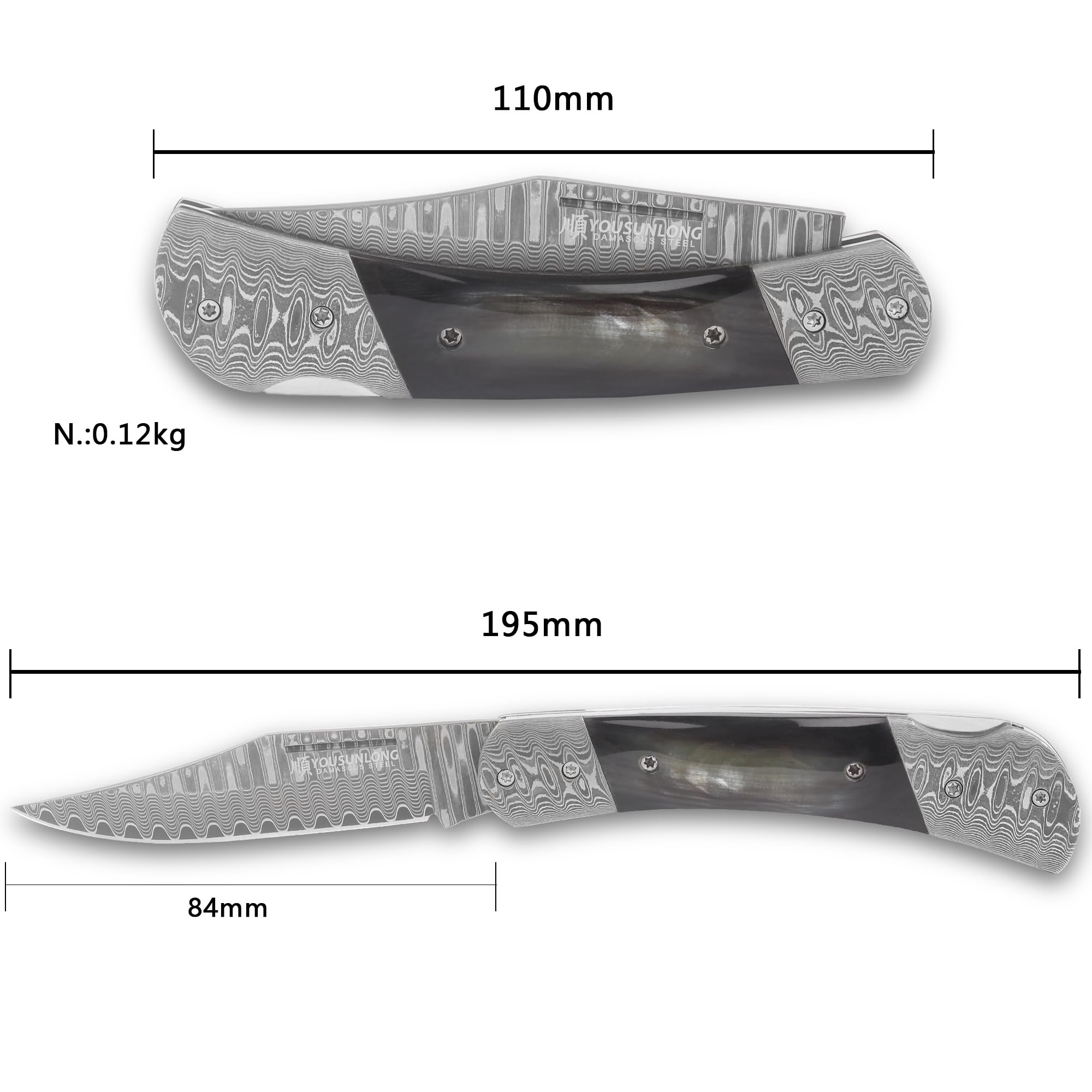 YOUSUNLONG Pocket Folding Knife Overall 195mm - Damascus Steel Blade - Bull Horn Handle