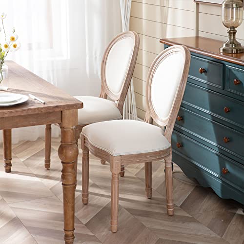 Kiztir French Country Dining Chairs Set of 6, Farmhouse Dining Chairs with Round Backrest, Mid Century Upholstered Dining Chairs with Solid Wood Leg for Dining Room Bedroom Kitchen Restaurant (Beige)