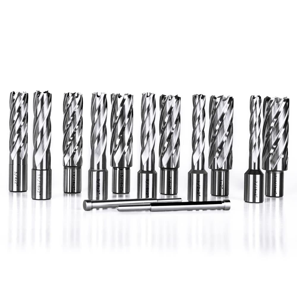 OSCARBIDE Annular Cutter Set 13pieces,2"Cutting Depth,3/4"Weldon Shank and 7/16 to 1-1/16 inch Cutting Diameter Mag Drill Bits for Magnetic Drill Press with 2pcs Pilot Pins