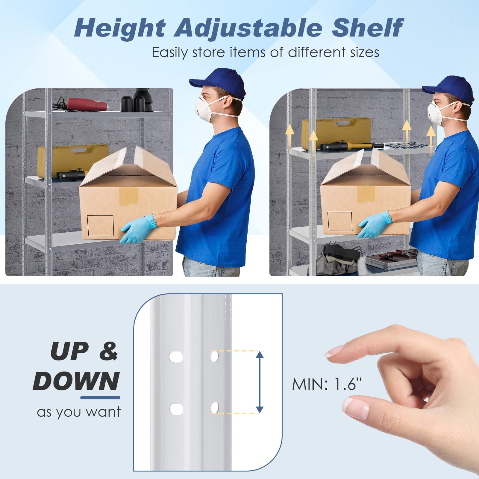GOFLAME 5-Tier Metal Storage Shelves, Adjustable Garage Storage Shelving Unit, Heavy Duty Galvanized Utility Shelf Rack for Home, Warehouse, Garage, Workshop, 39" x 16" x 74", White, 1 Pack