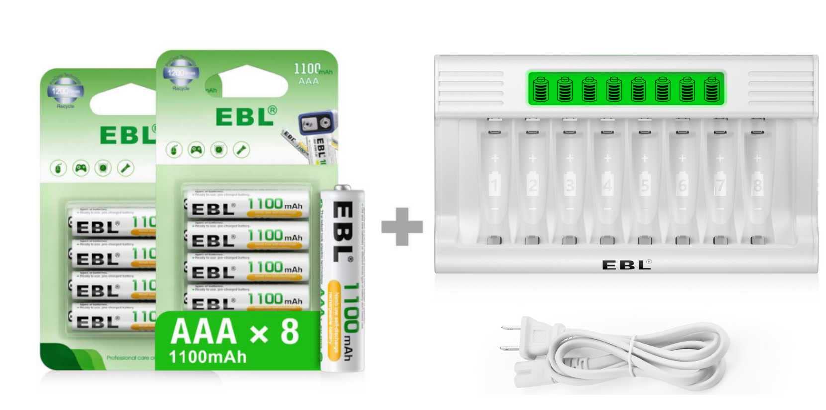 EBL Rechargeable AA Batteries with Charger, 1.2V MiMH 2800mAh AA Battery (8 Counts) with 8 Bay LCD Battery Charger for AA AAA Battery