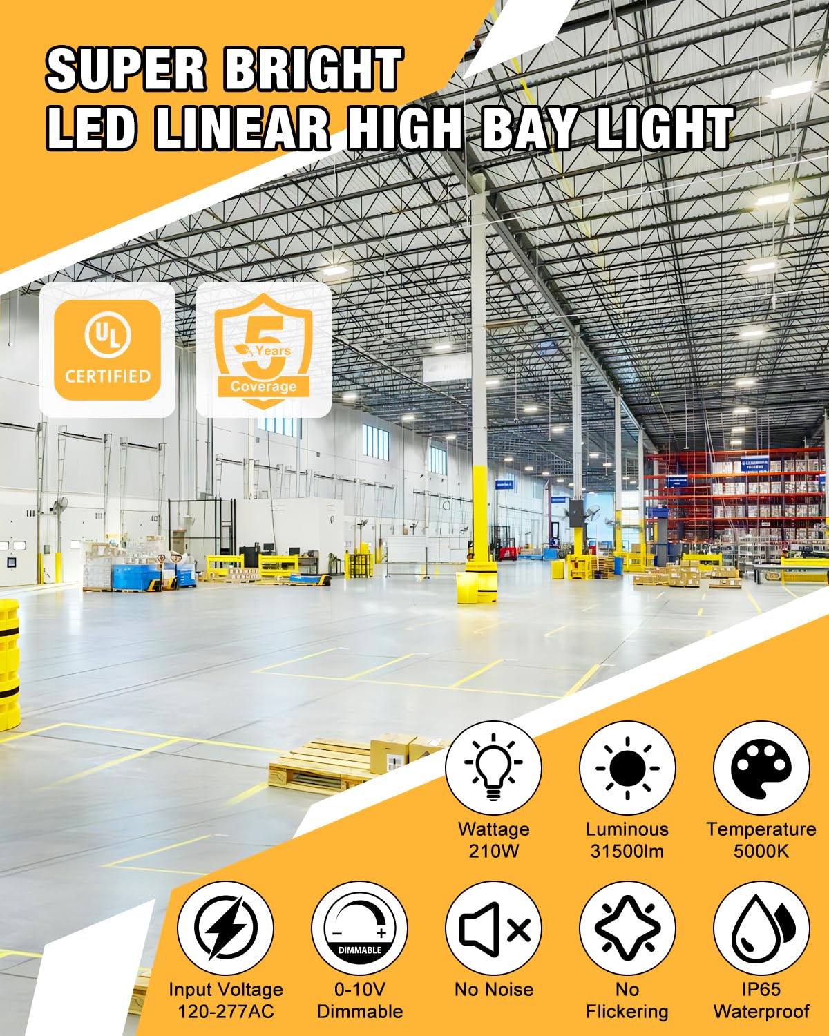 JC-LGL 210W LED Linear High Bay Light with PIR Sensor,LED High Bay Shop Lights Fixture, Compatible with Industrial 120-277V, LED Linear High Bay Light for Shop Garage Warehouse