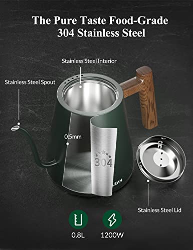 KLEAH Electric Kettle Gooseneck with Temperature Control Stainless Steel Automatic Shut Off Coffee Kettle Hot Water Boiler Pour Over Tea Kettle 1200 Watt Quick Heating Keep Warm, 0.8L for Gift