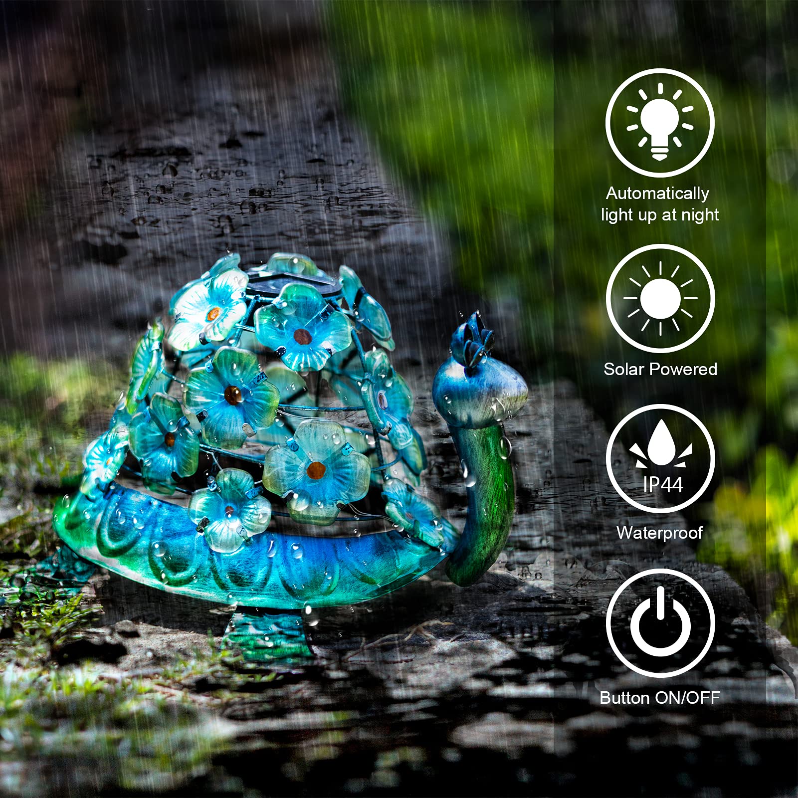 VCUTEKA Solar Light Outdoor Waterproof - Metal Turtle Floral Solar LED Lights Garden Figurine Light for Patio Lawn Yard Decor, Ideal Gift