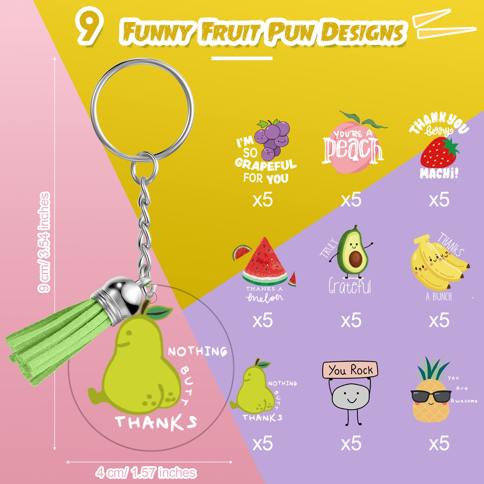 Fumete 45 Pcs Thank You Acrylic Keychains Cute Pun Key Rings Employee Appreciation Gift Greeting Note Acrylic Tassel Keychain (Fruit)