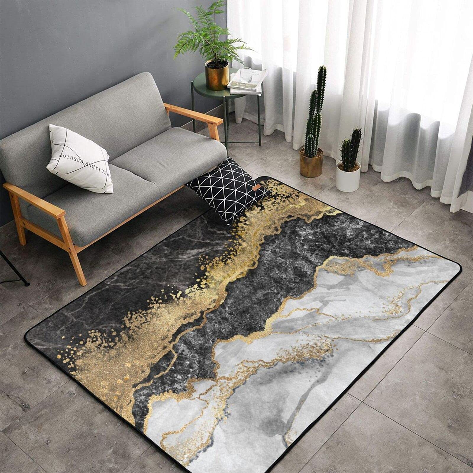 CUTEMAT Marble Black White Area Rugs for Bedroom/Living Room/Office. 84"x60" Floor Mats, Soft Non Slip Indoor Modern Carpets.