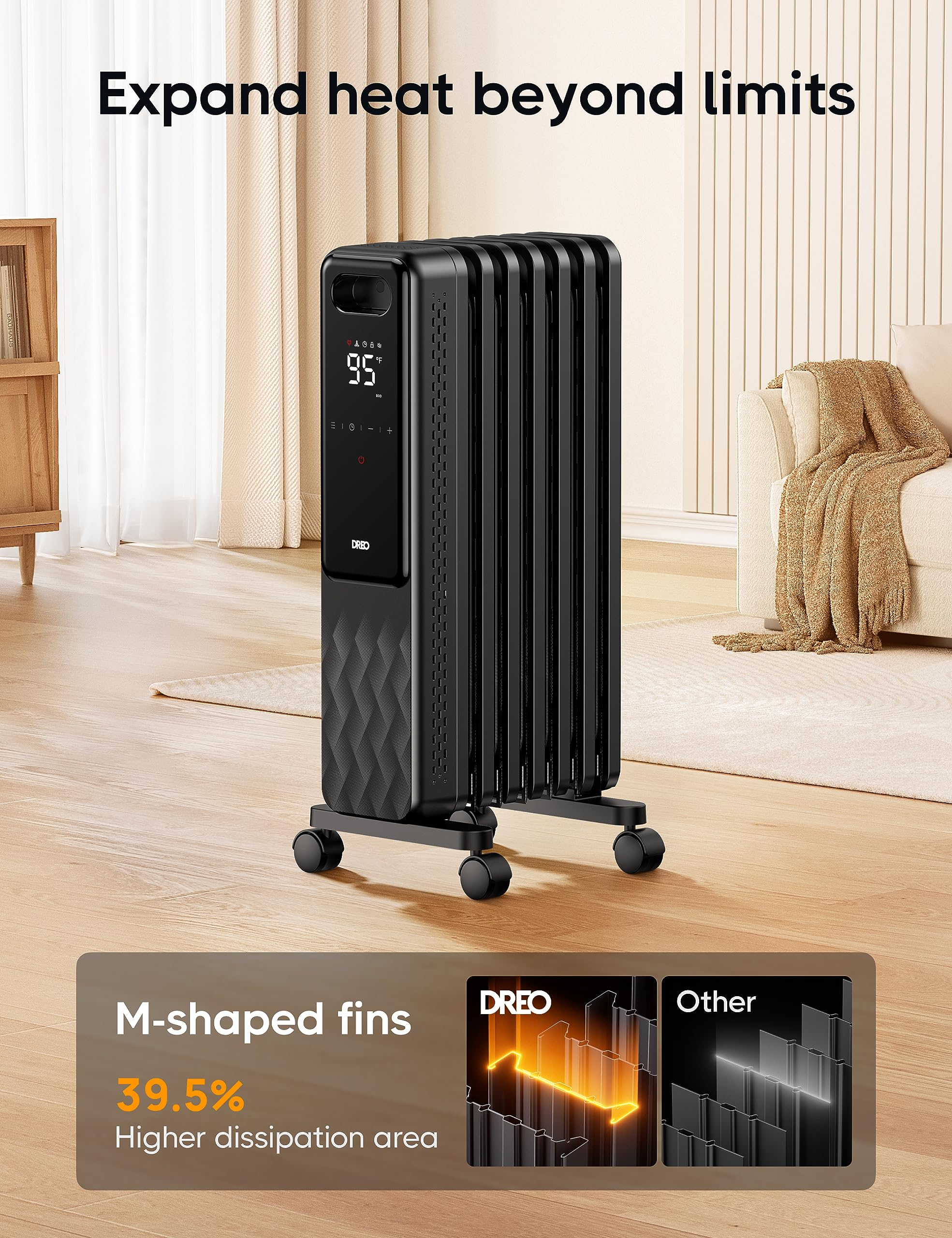Dreo Oil Filled Radiator, Electric Radiant Heaters for indoor use Large Room with Remote Control, Child Lock, 4 Modes, Overheat & Tip-Over Protection, 24h Timer, Digital Thermostat, Quiet, 1500W