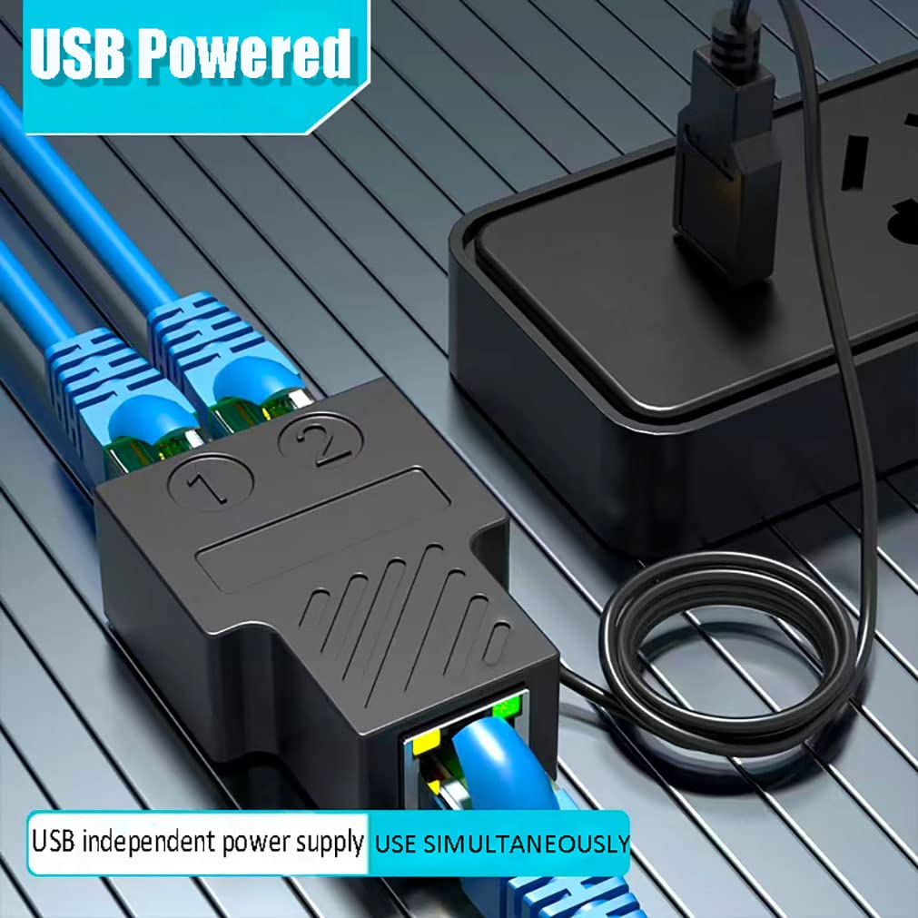 Ethernet Splitter 1 to 2 RJ45 Network Adapter [Internet at The Same Time], USB to Dual Female RJ45 Port with 1.2m USB Power Cable, for Cat 7/6/5/5e Network Cable, Compatible with Router,TV, Computer