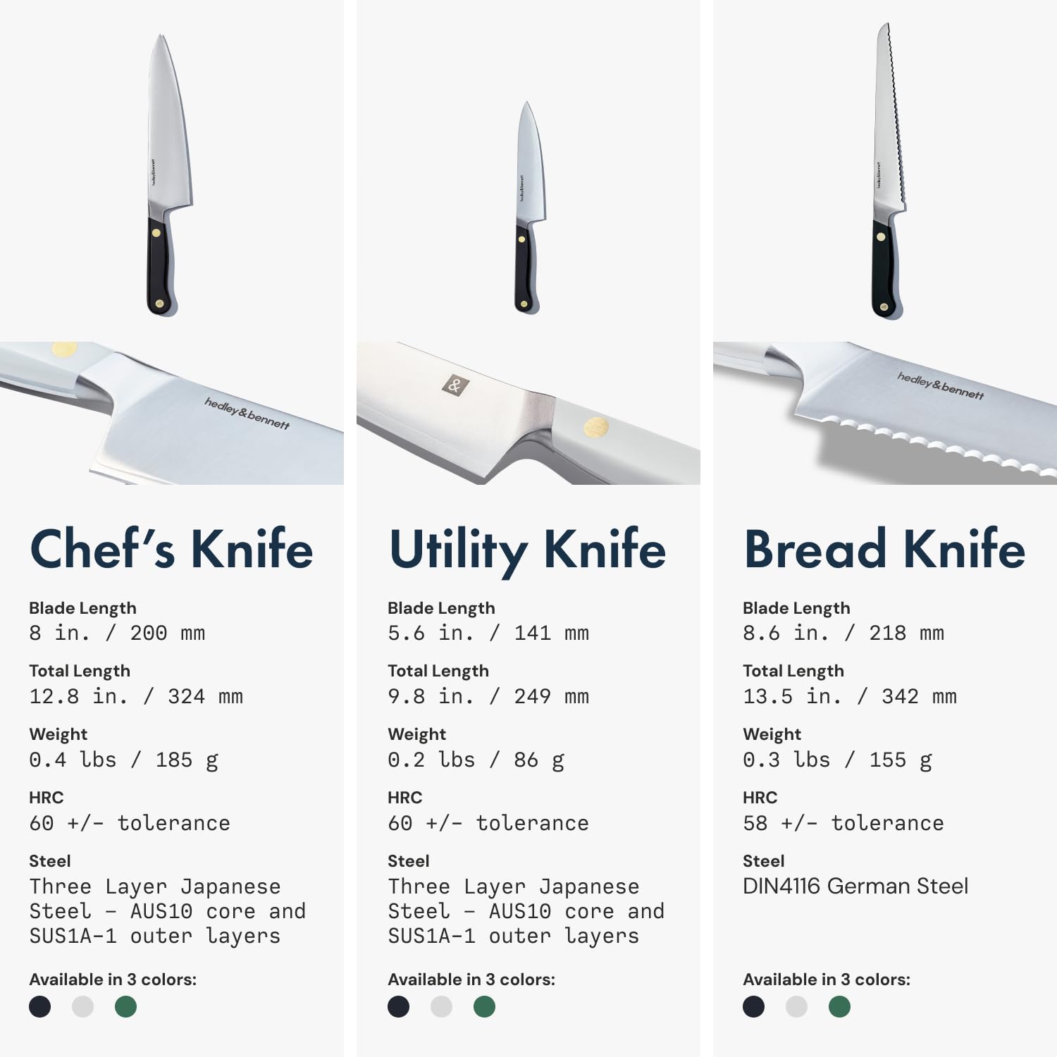 hedley & bennett Kitchen Knife Set - 3 Piece Ultra Sharp High Carbon Steel Chef Knife Set - Professional Knife Set - Japanese & German Steel Blend - Chef's Knife - Bread Knife & Utility Knife - Shiso