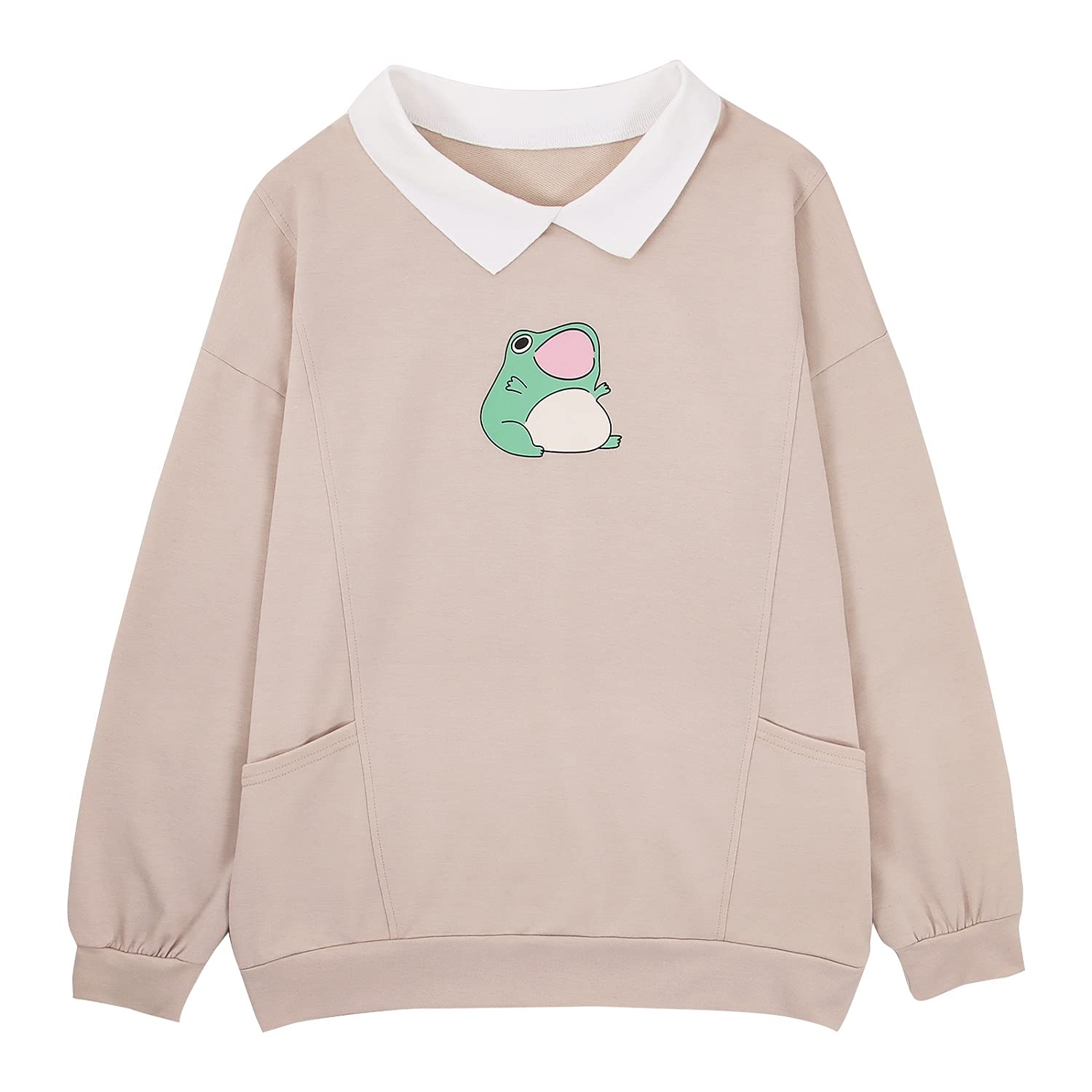 CM C&M WODRO Women Frog Sweatshirt Graphic Aesthetic Oversize Pullover Clothes Long Sleeve T-Shirt with Pocket (Beige, X-Large)