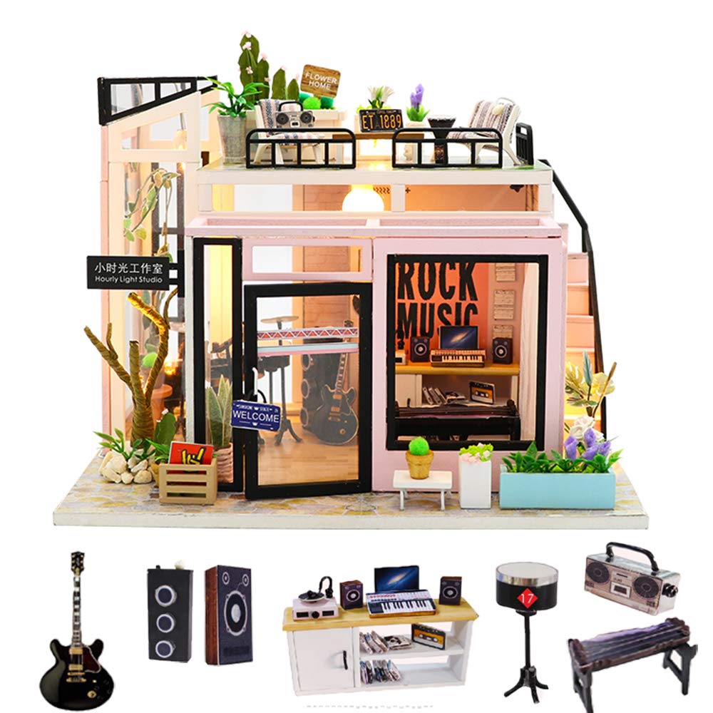 Spilay DIY Miniature Dollhouse Kit with Wooden Furniture,DIY Dollhouse Kit with Dust Proof and Music Movement,1:24 Scale Creative Room for Romantic Valentine's Gift(Time Studio)