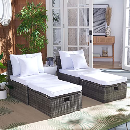 SAFAVIEH Outdoor Collection Pramla Grey Brown/White Cushion Settee with Storage Ottoman (Set of 2) PAT7515C