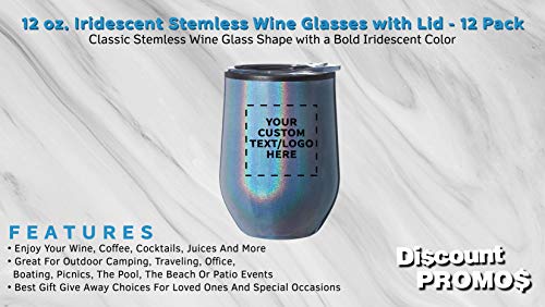Custom Palmera Stemless Wine Tumblers with Lids 12 oz. Set of 12, Personalized Bulk Pack - Perfect for Wine, Cocktails, Other Hot & Cold Beverages - Iridescent Blue
