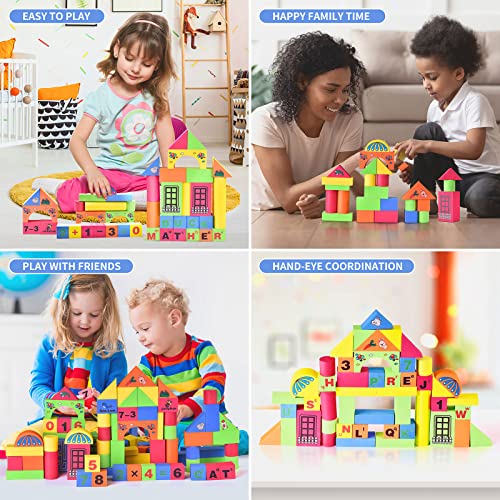 FUN LITTLE TOYS 108 PCS Foam Building Blocks for Toddlers, Large, Stackable, Soft Blocks Set with Alphabet & Numbers, Preschool Stacking Toys for Boys and Girls 1-3