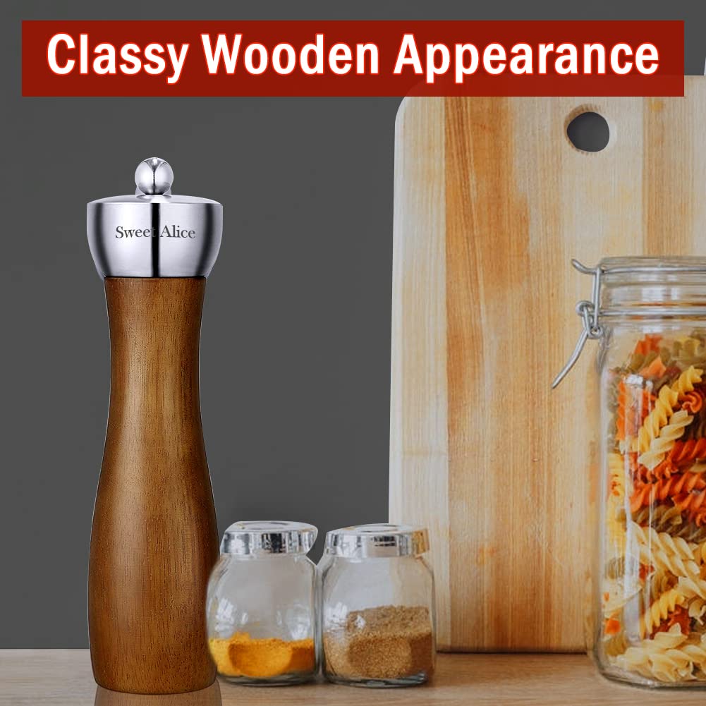 Salt and Pepper Grinders Refillable Set, Beech Wood Pepper Mill with Ceramic Mechanism, Solid and Durable Salt Grinders Suited for Sea Salt, Black Peppercorn (6'', Brown Set of 2)