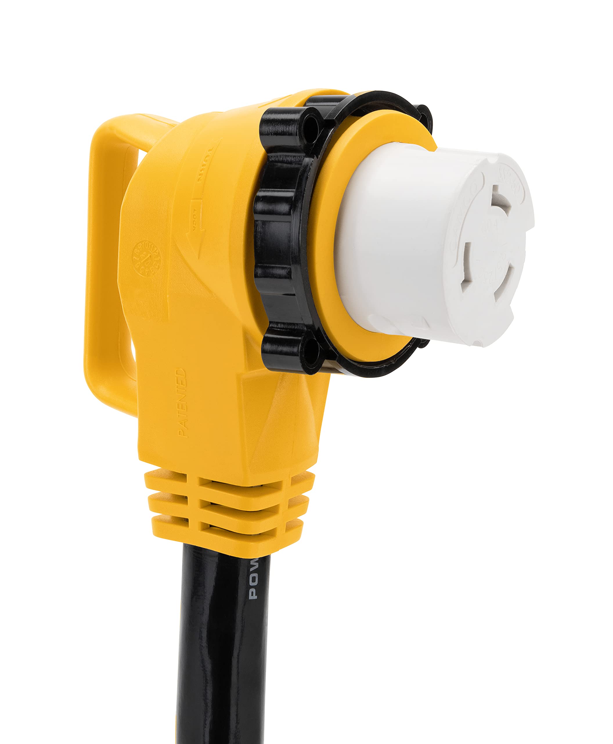 Camco Power Grip 18" Dogbone Extension Cord Adapter with 50-Amp Power Locking Male and 50-Amp 90-Degree Locking Female Ends for Electrical Connection