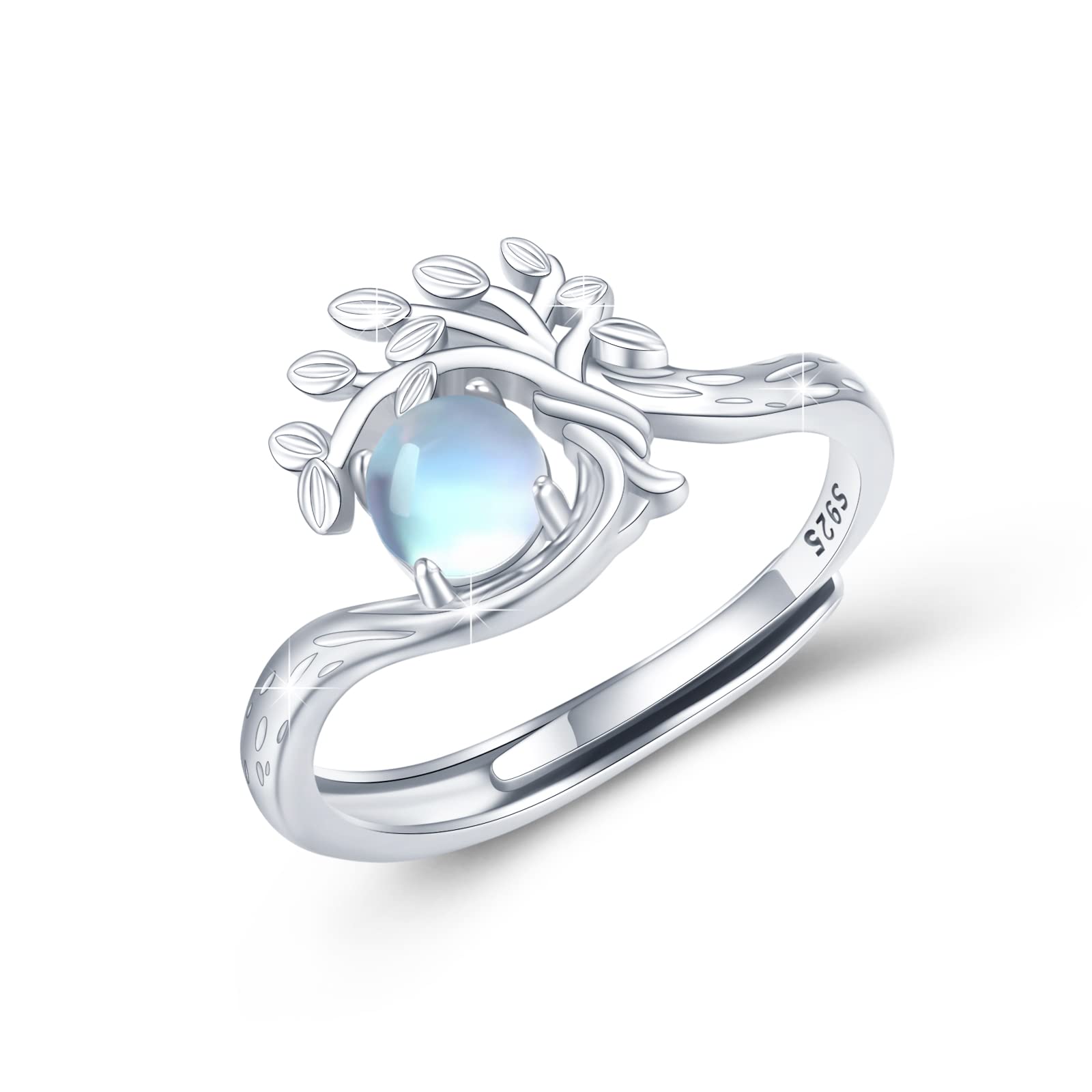 ECHOOY Moonstone Ring S925 Sterling Silver Tree Of Life Ring Moonstone Ring for Women Wrap Rings Promise Engagement Wedding Rings Size 8